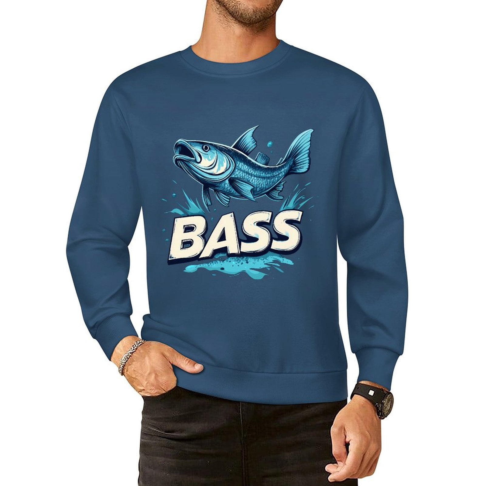 Bass Fish Men's Sweatshirt Cotton Long Sleeve Casual Crewneck Pullover ...