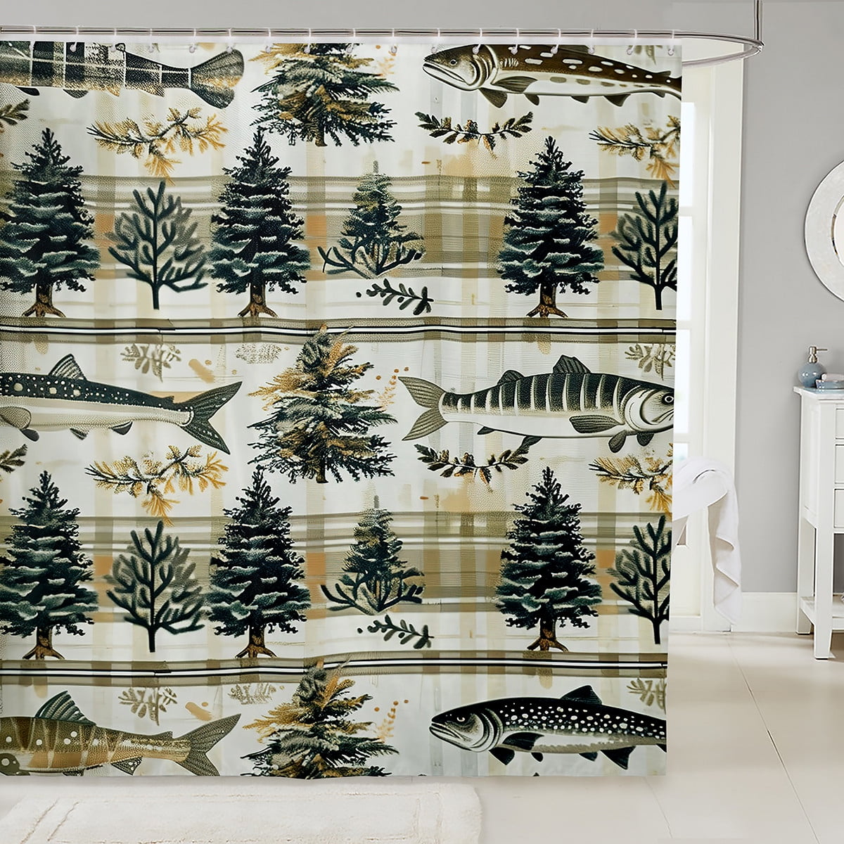 Bass Fish Shower Curtain,Pine Tree Jungle Bathroom Curtain Adult Room ...