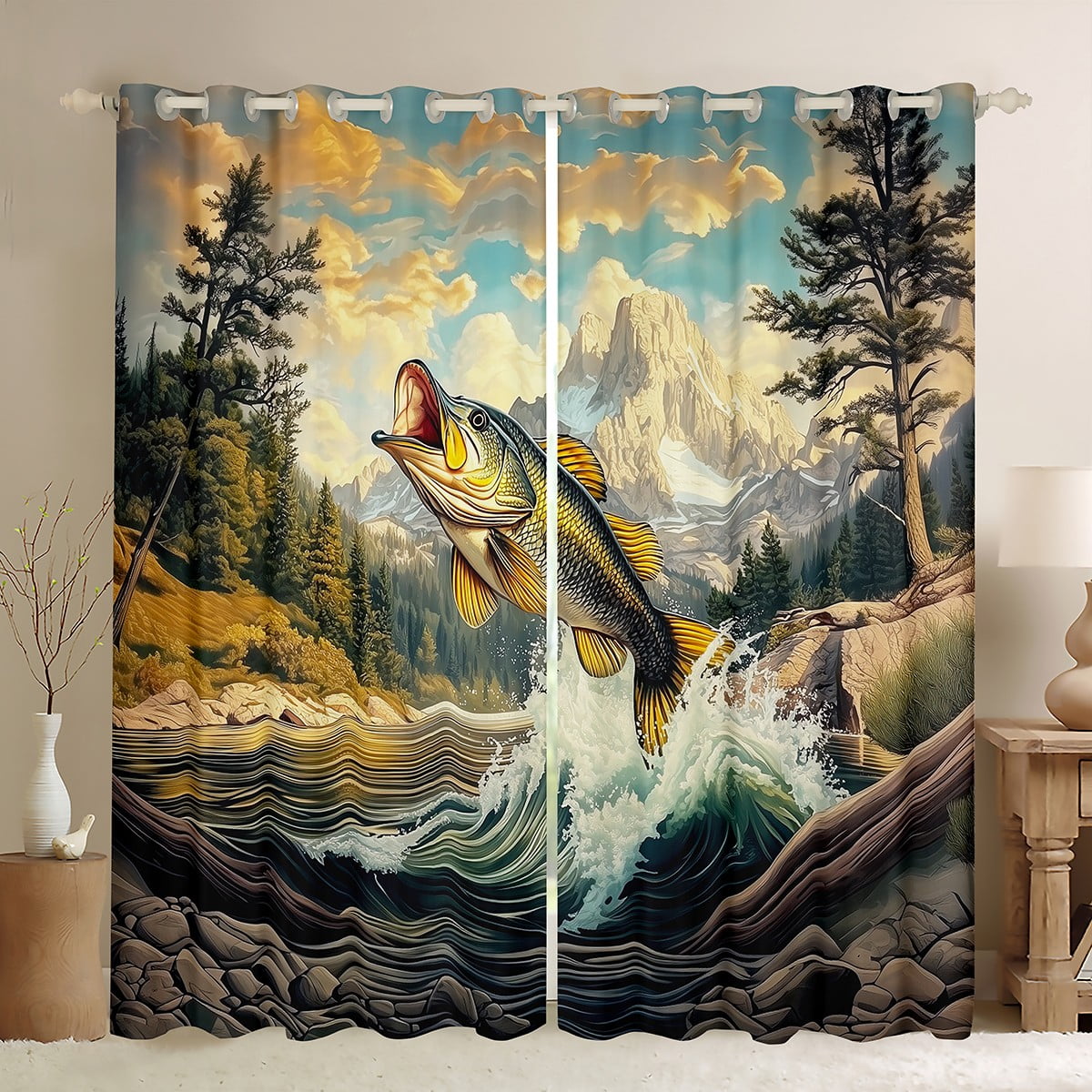 Bass Fish Window Curtain,Fishing Theme Curtain Set of 2 Panels,Lake ...