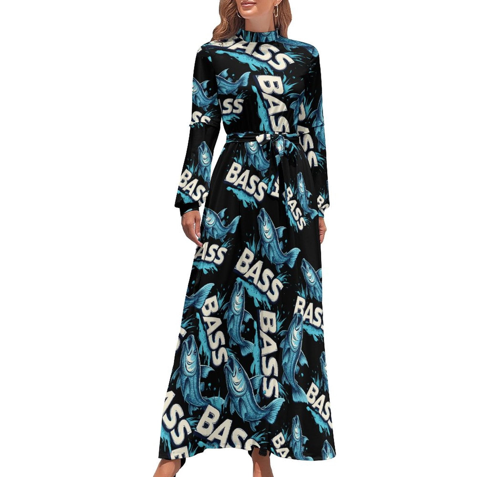 Bass Fish Women's Fall Maxi Dress Long Sleeve Turtleneck Flowy Smocked ...