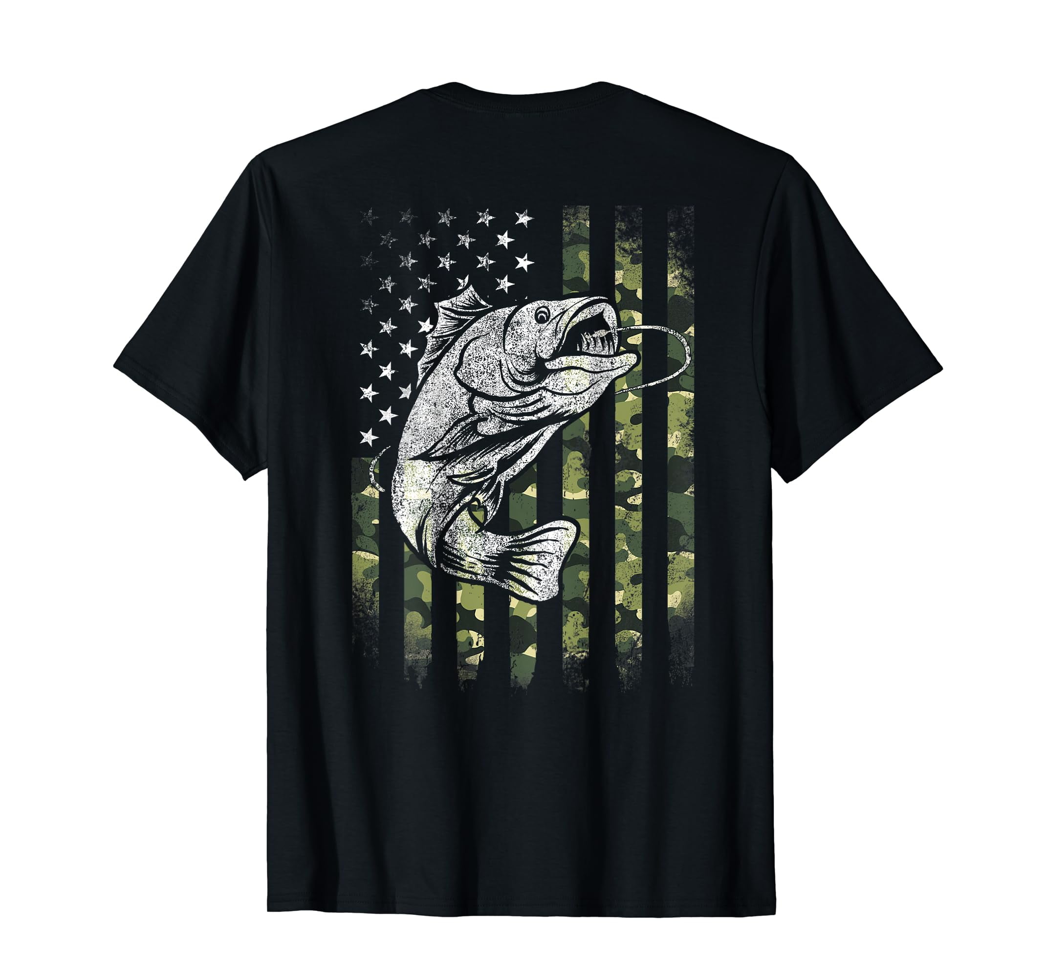 Bass Fishing American Camo USA Flag Funny Fishing (on back) T-Shirt ...