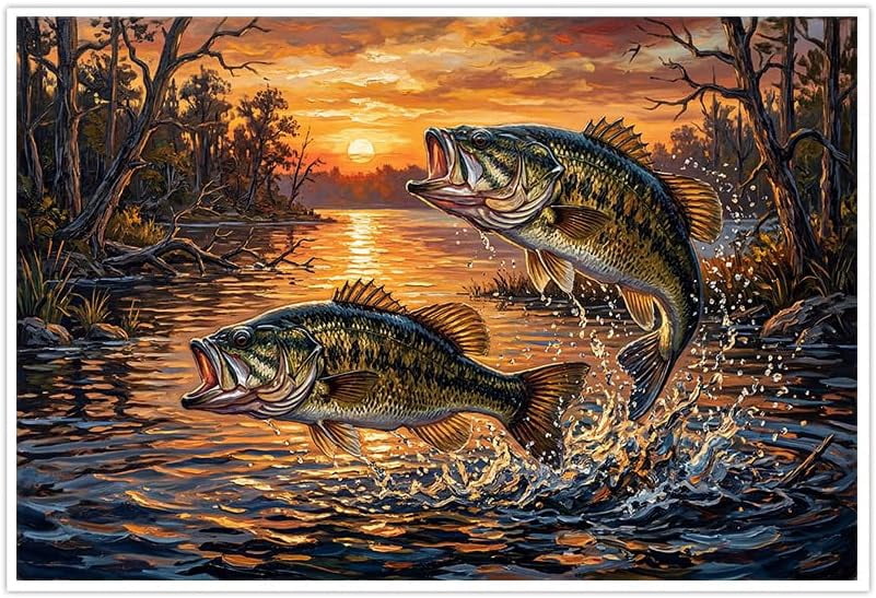Bass Fishing Canvas Wall Art Jumping Largemouth Bass Posters Sunset ...