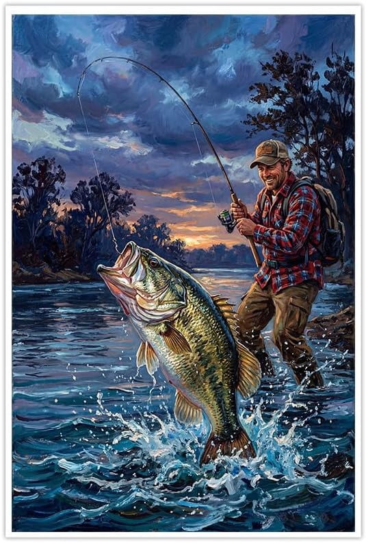 Bass Fishing Canvas Wall Art Largemouth Bass Jumping Poster Oil ...