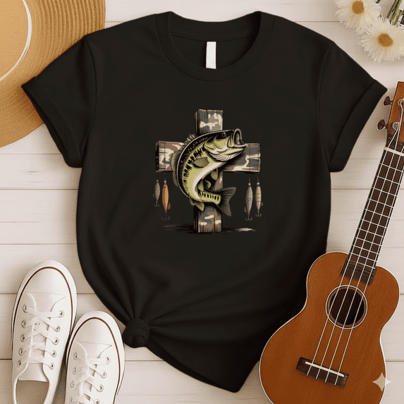 Bass Fishing Faith Cross Camo Christian Fisherman T-shirt, for men ...