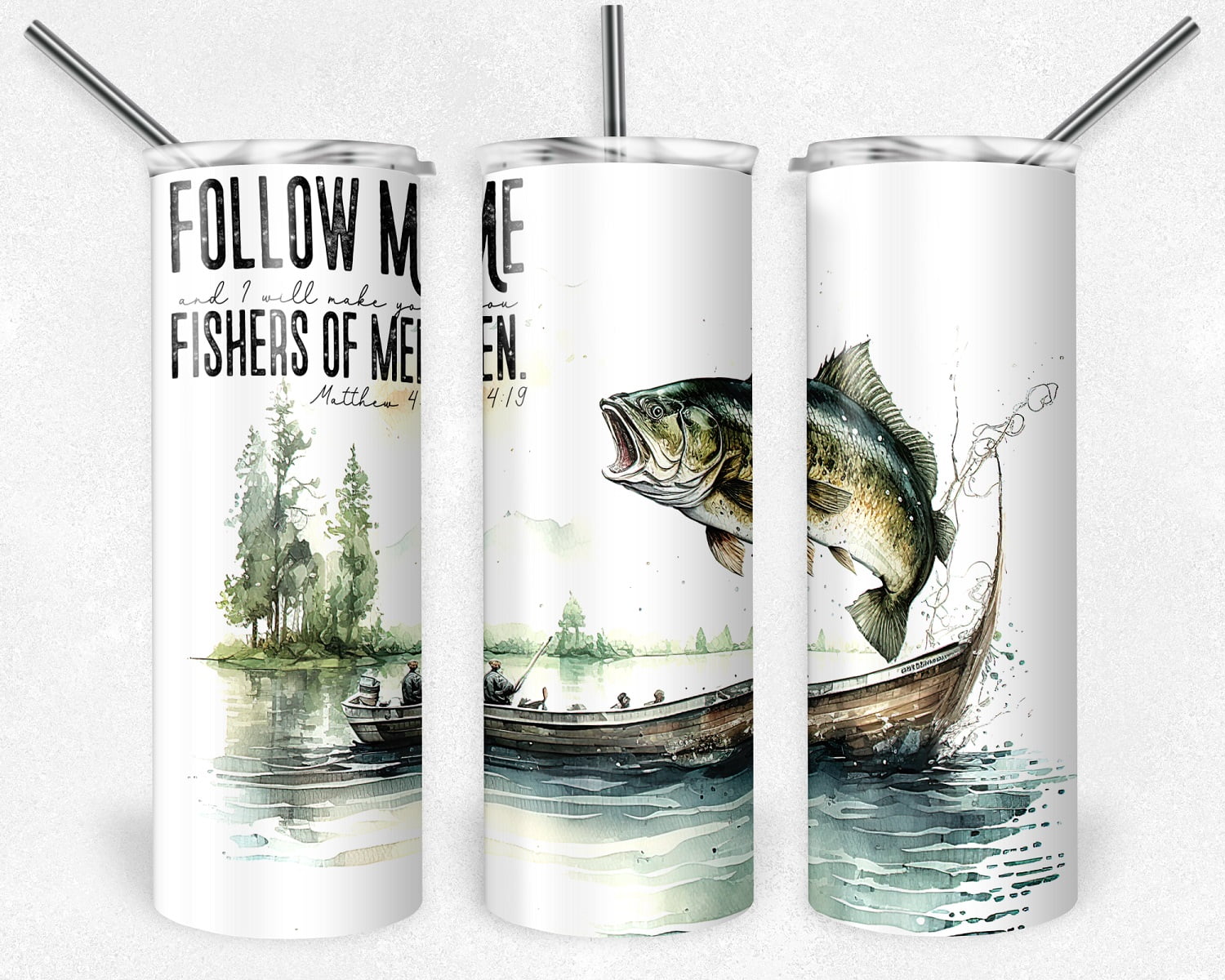 Bass Fishing Follow Me Bible Verse 20 Oz Skinny Metal Tumbler w/Lid and ...