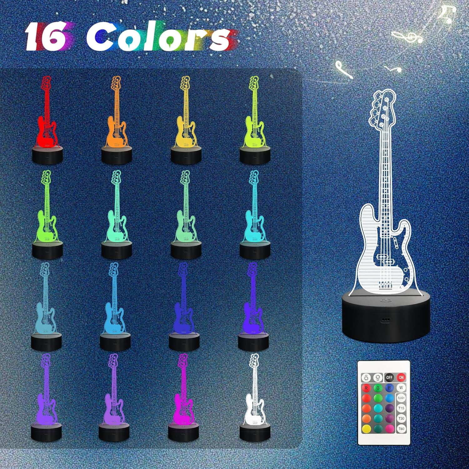 Bass Guitar Night Light, 3D LED Optical Illusion Lamp with Remote ...