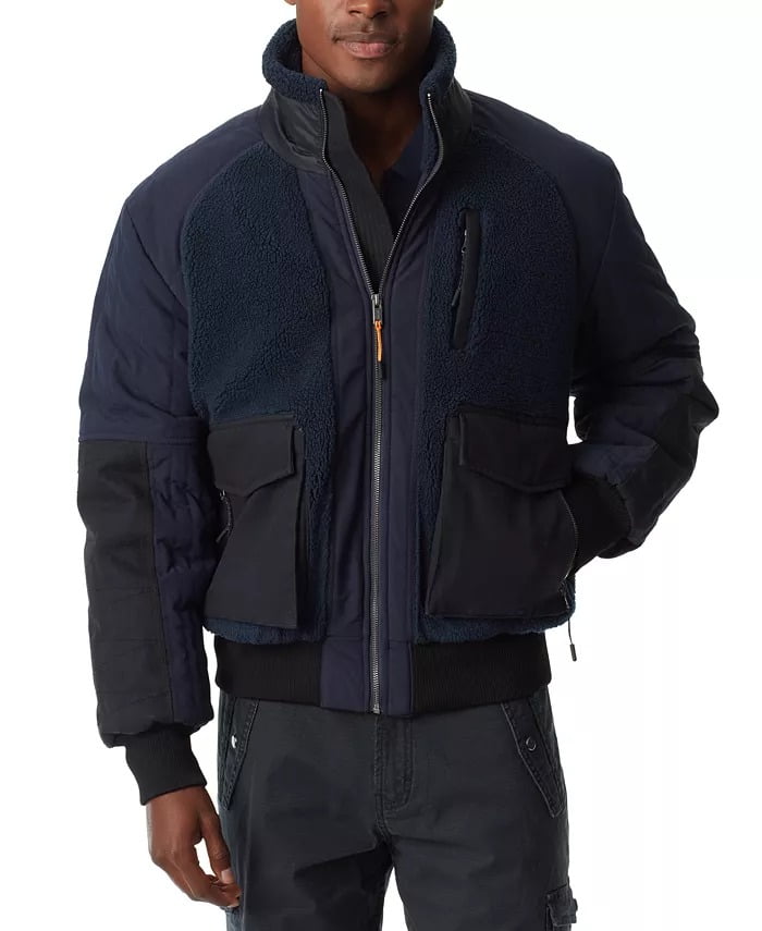 Bass Outdoor Men's Mixed Media Full Zip Bomber Jacket Coat Navy Blue ...