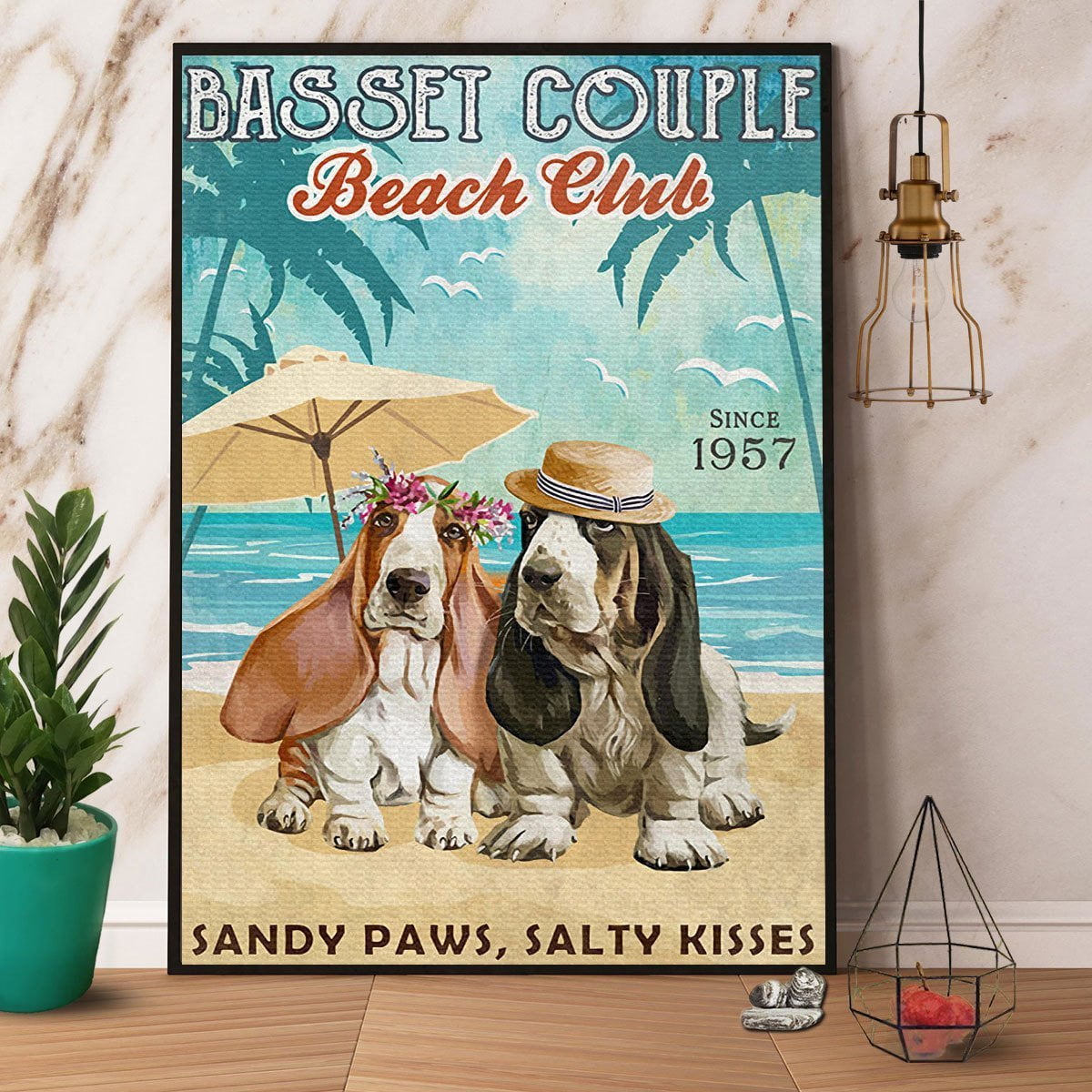 Basset Couple Beach Club Sandy Paws Salty Kisses Satin Poster Wall Art Decor 24 x 36 Inch Poster ...