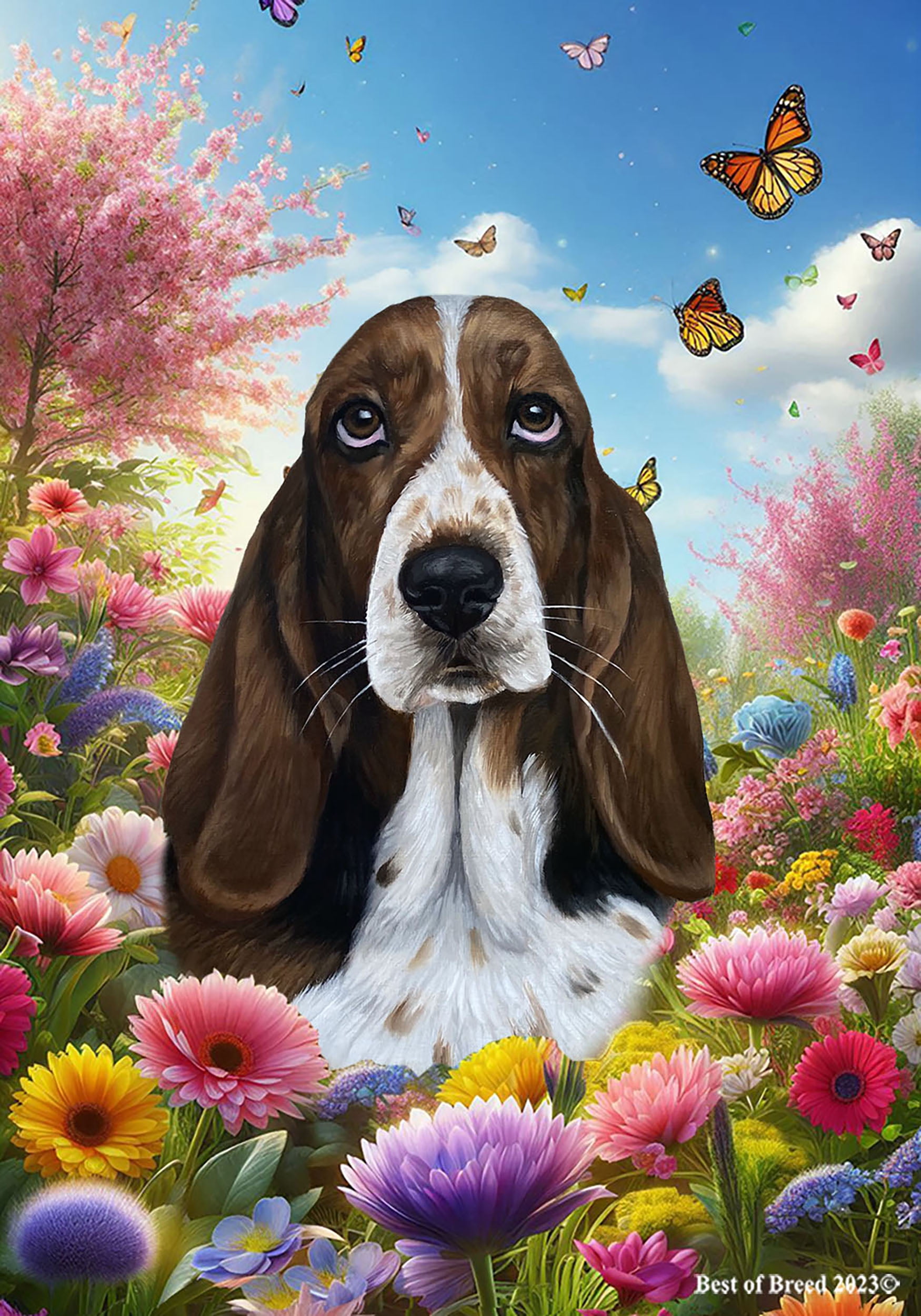 Basset Hound - Best of Breed Spring Butterfly Outdoor House Flag 28" x ...