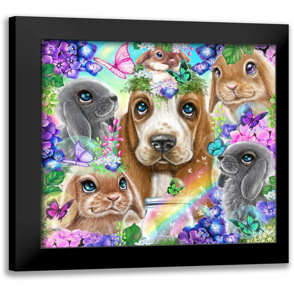 Basset Hound Bunnies n Butterflies 21x20 Black Modern Framed Museum Art ...
