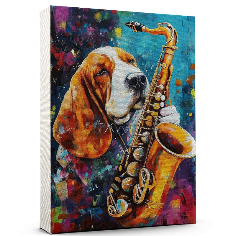Basset Hound Dog Playing Saxophone Stretched Canvas Size 8x12 – Vintage ...