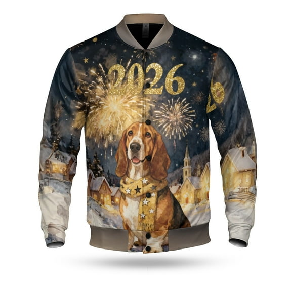 Basset Hound Happy New Year 2026 with Fireworks on New Year's Eve All ...