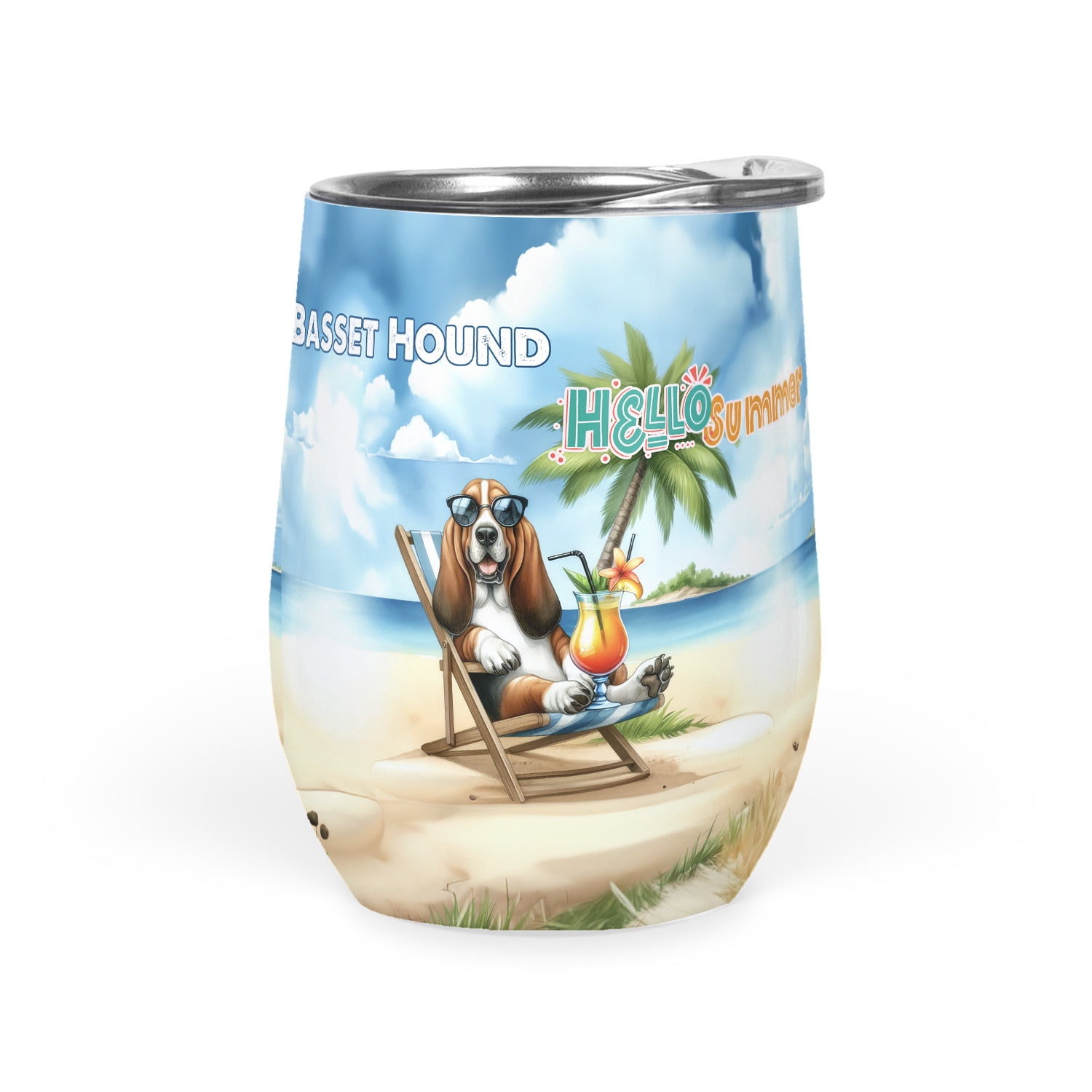 Basset Hound Hello Summer Beach Theme with Sunglasses and Tropical ...