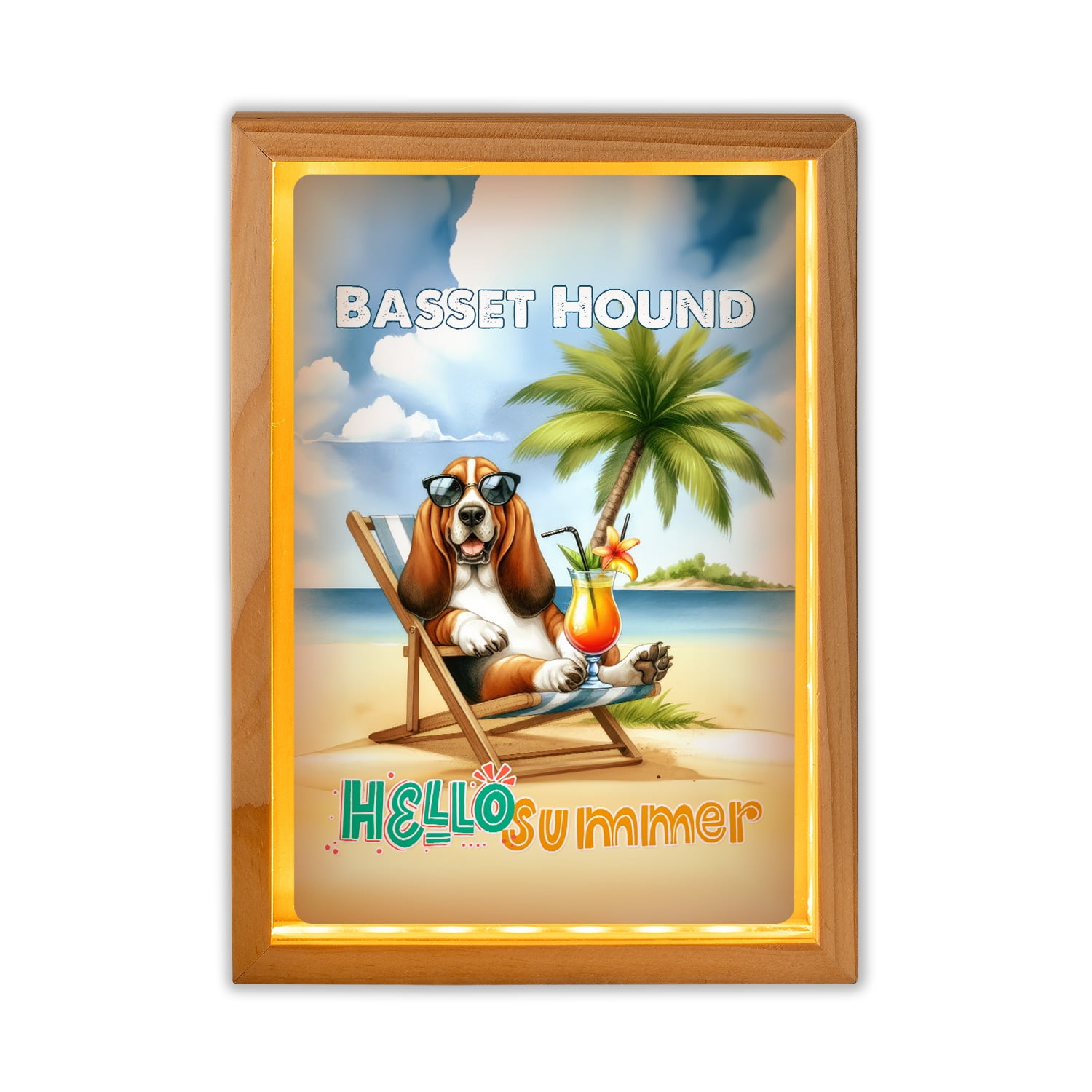 Basset Hound Hello Summer Beach Theme with Sunglasses and Tropical ...