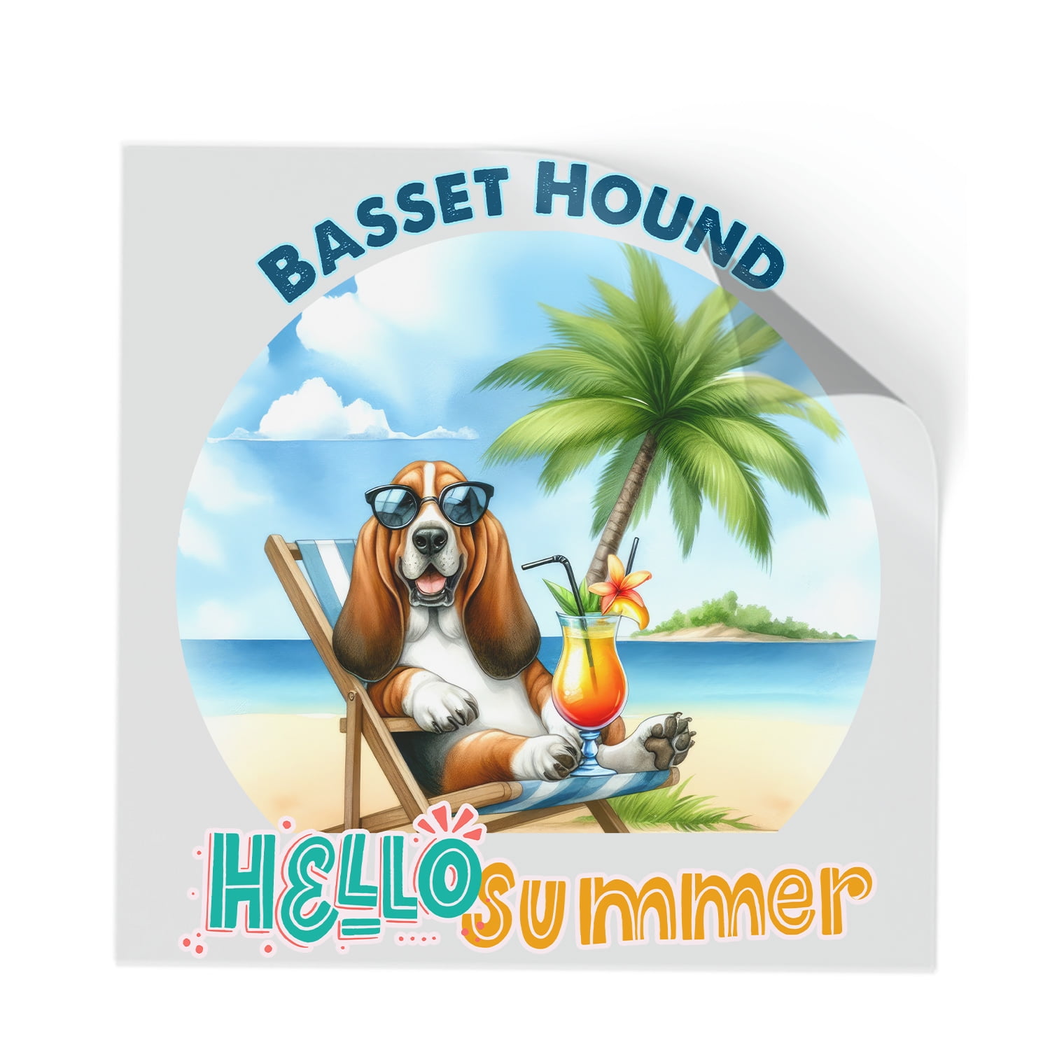 Basset Hound Hello Summer Beach Theme with Sunglasses and Tropical ...