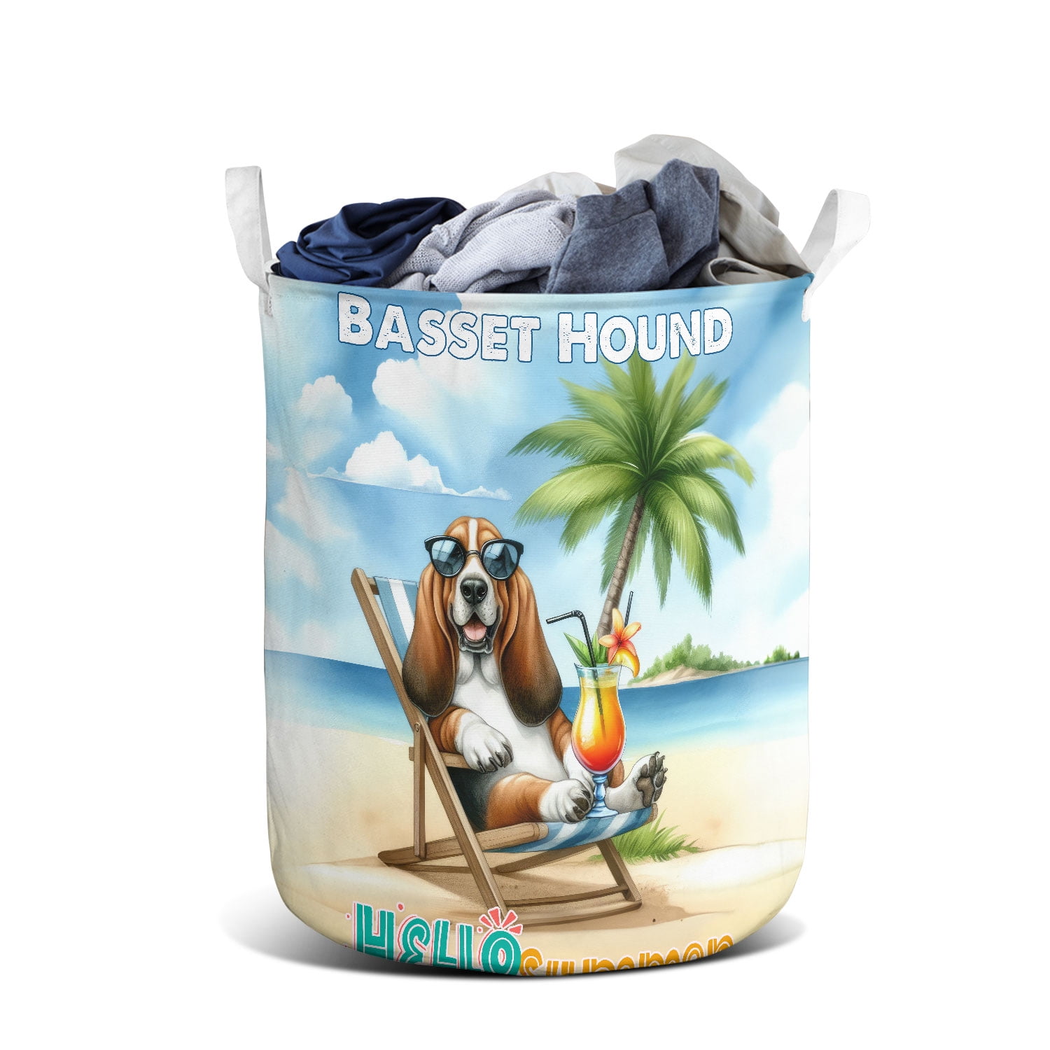 Basset Hound Hello Summer Beach Theme with Sunglasses and Tropical ...