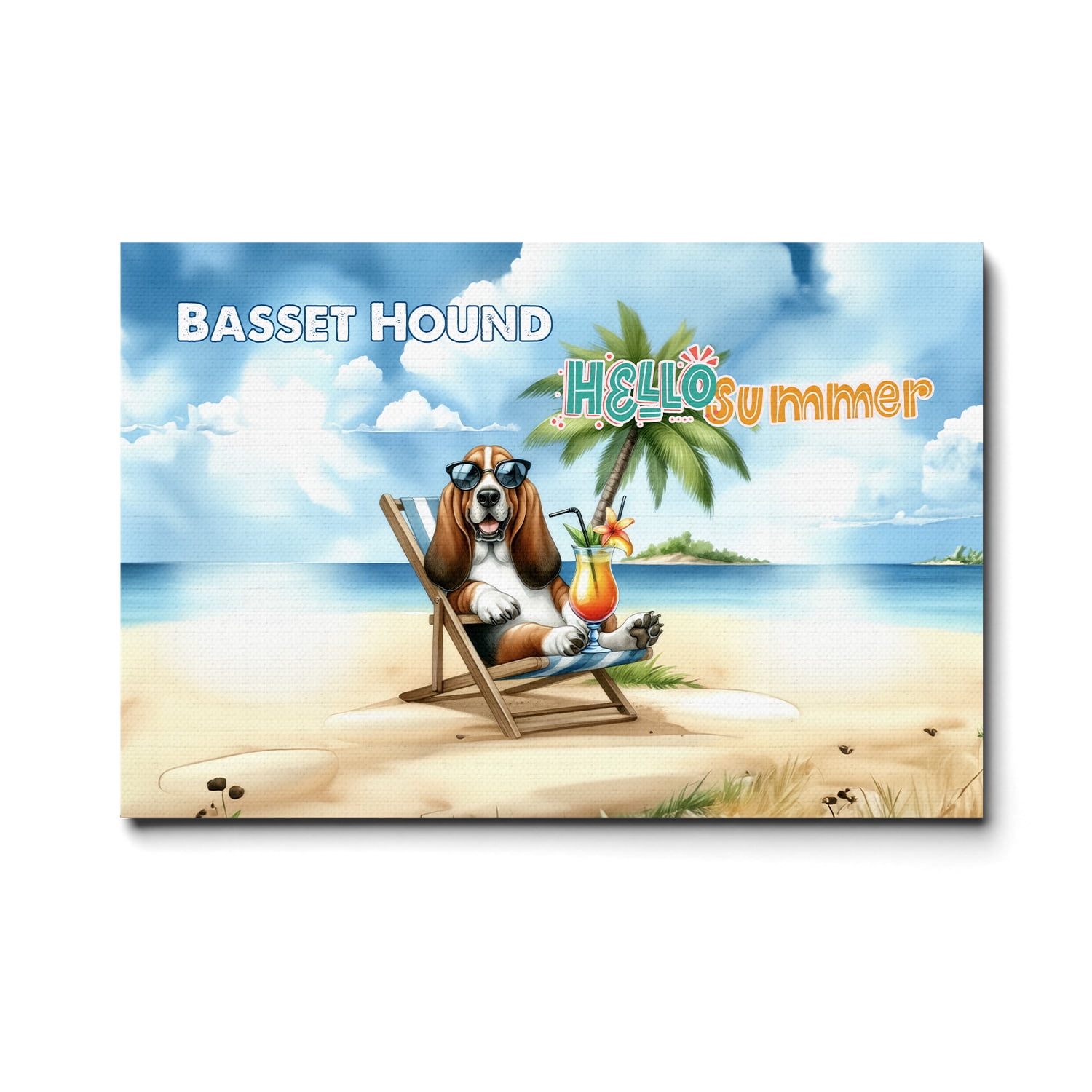 Basset Hound Hello Summer Beach Theme with Sunglasses and Tropical ...