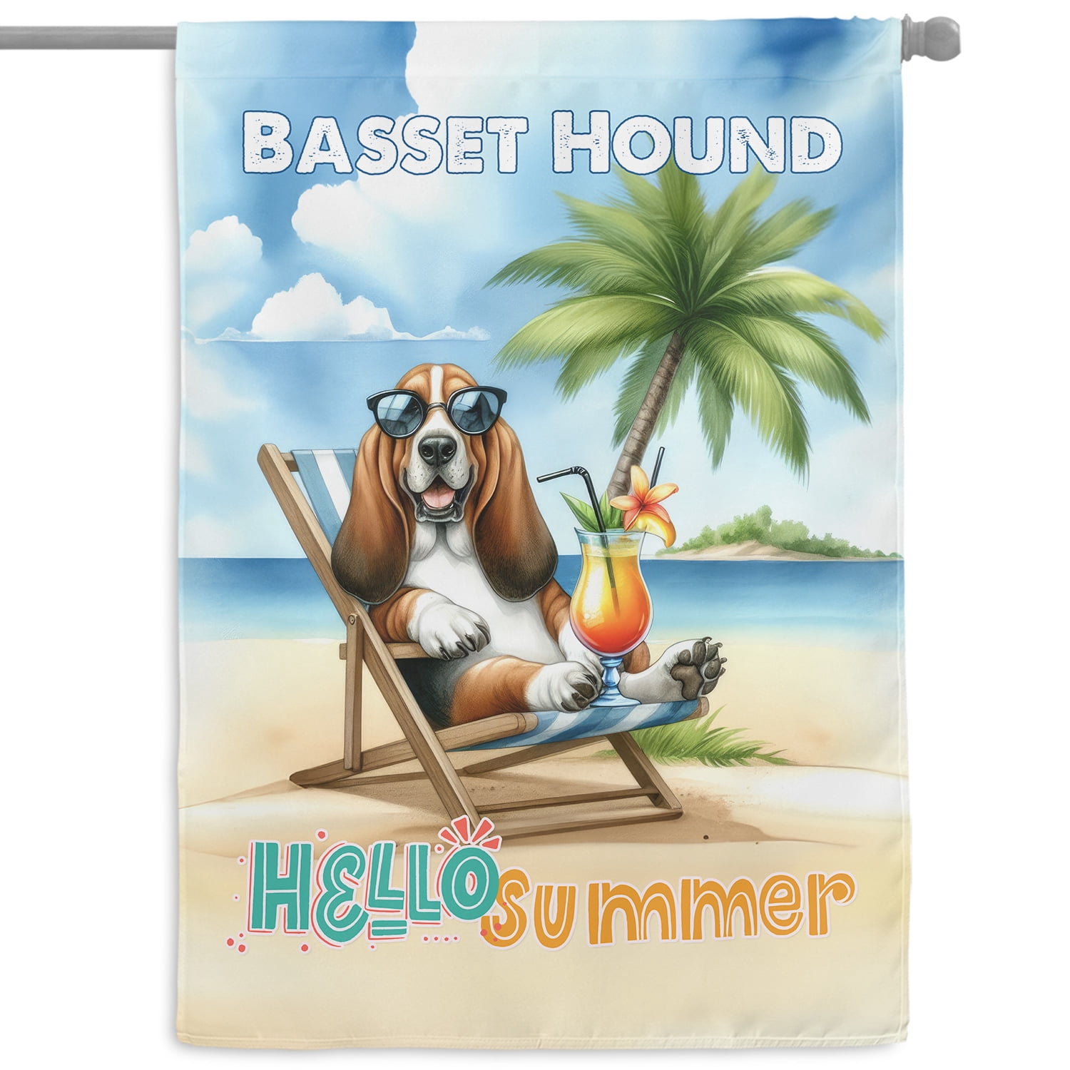Basset Hound Hello Summer Beach Theme with Sunglasses and Tropical ...
