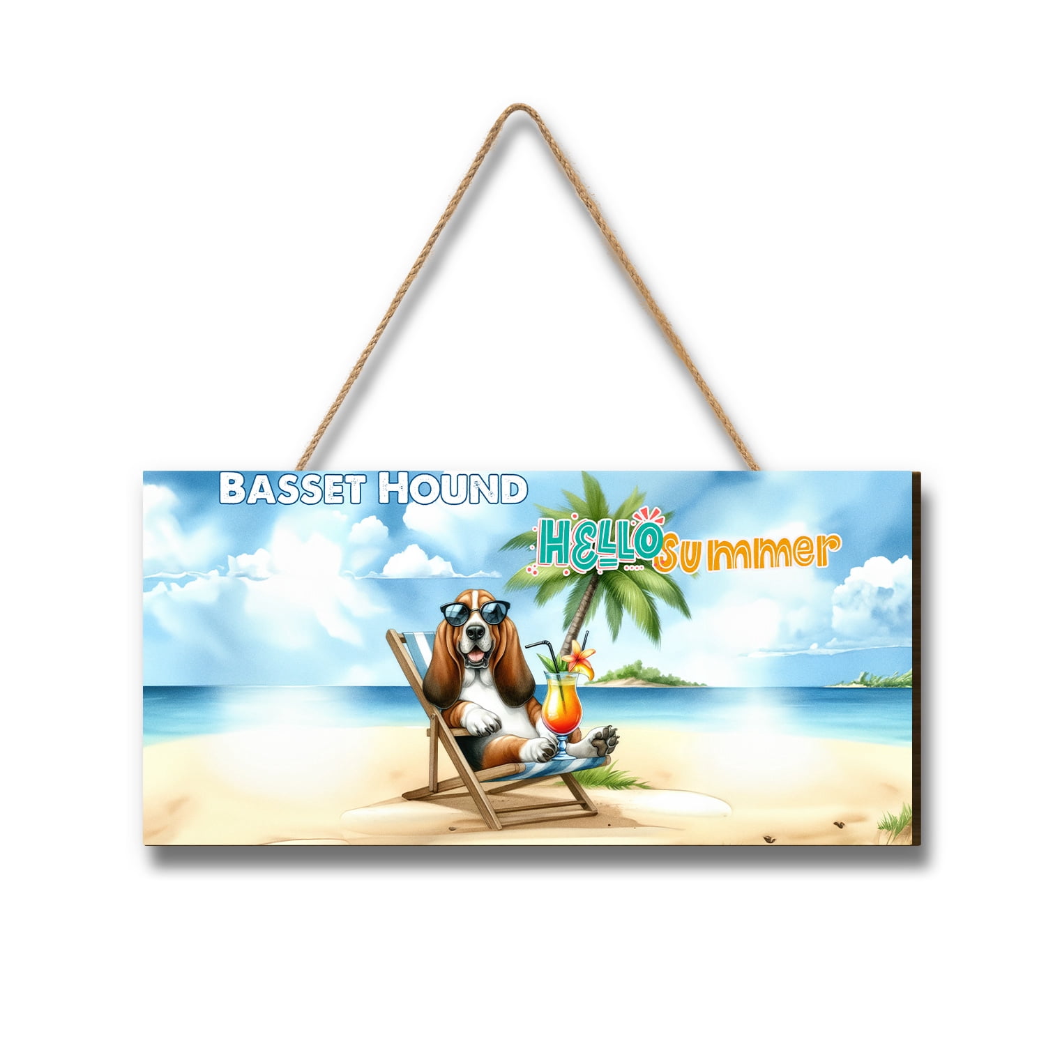 Basset Hound Hello Summer Beach Theme with Sunglasses and Tropical ...