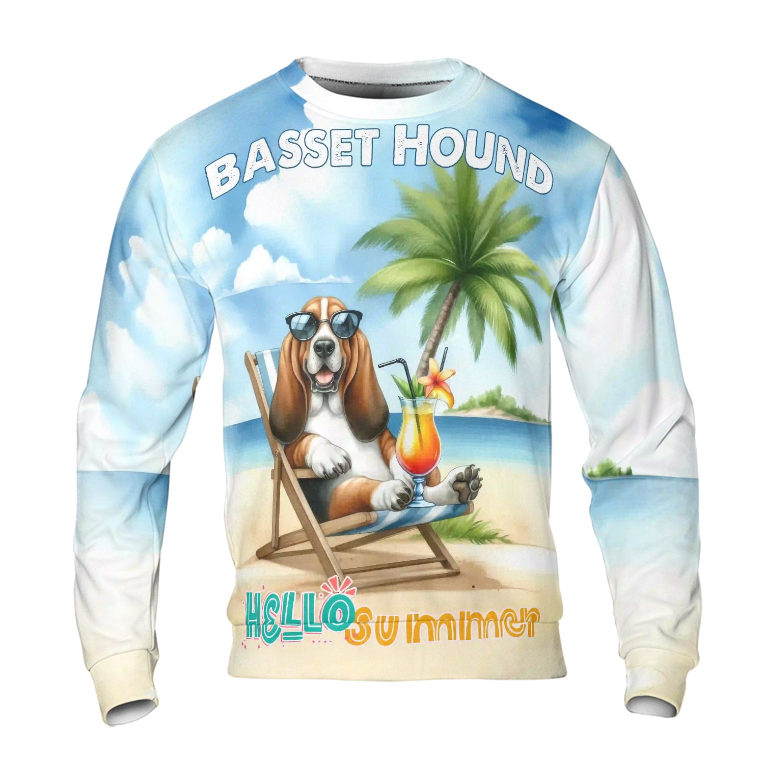 Basset Hound Hello Summer Beach Theme with Sunglasses and Tropical ...