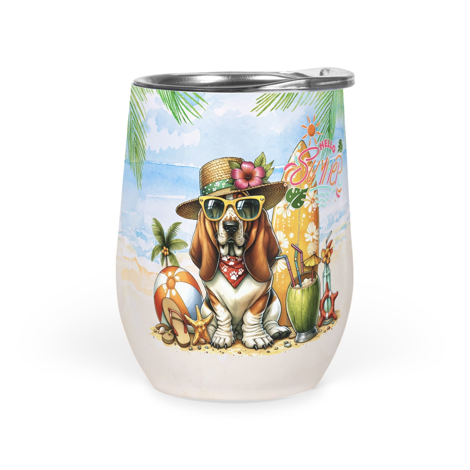 Basset Hound Hello Summer with Sunglasses and Surfboard Tropical Vibes ...
