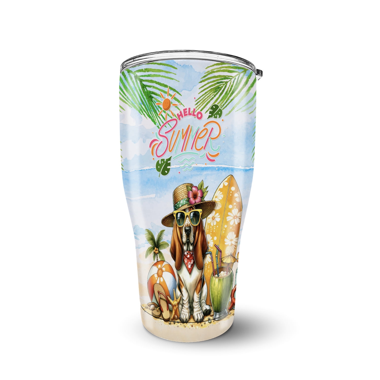 Basset Hound Hello Summer with Sunglasses and Surfboard Tropical Vibes ...