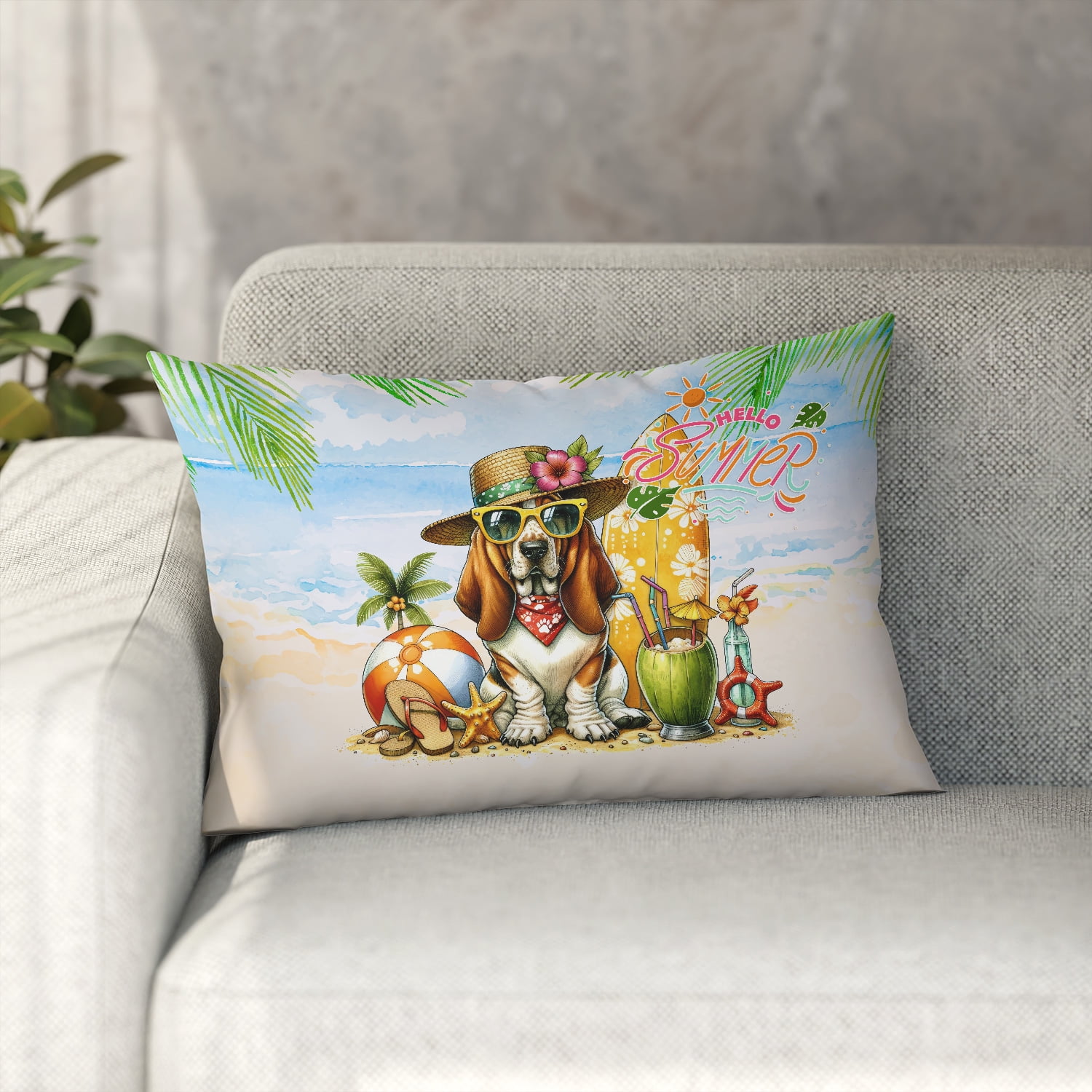 Basset Hound Hello Summer with Sunglasses and Surfboard Tropical Vibes ...