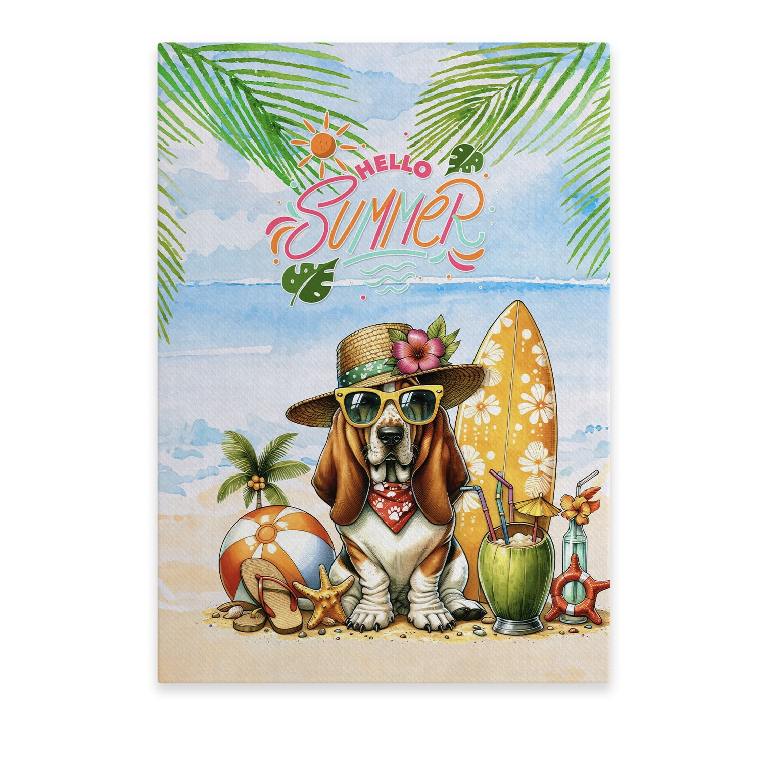 Basset Hound Hello Summer with Sunglasses and Surfboard Tropical Vibes ...