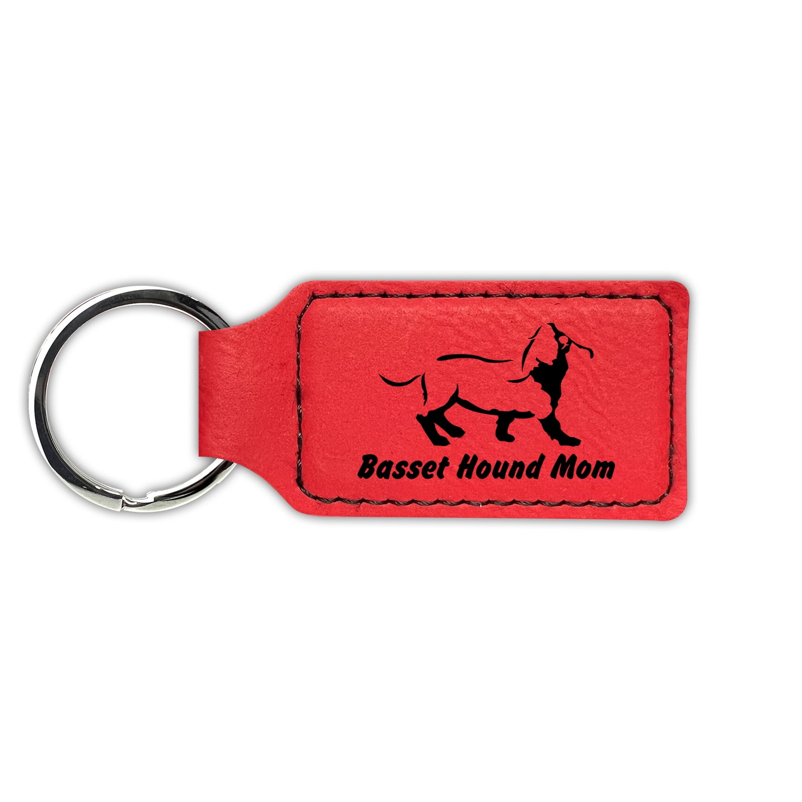 Basset Hound Mom Keychain Leatherette Rectangle - Laser Engraved - Many Colors - Key Chain Ring ...