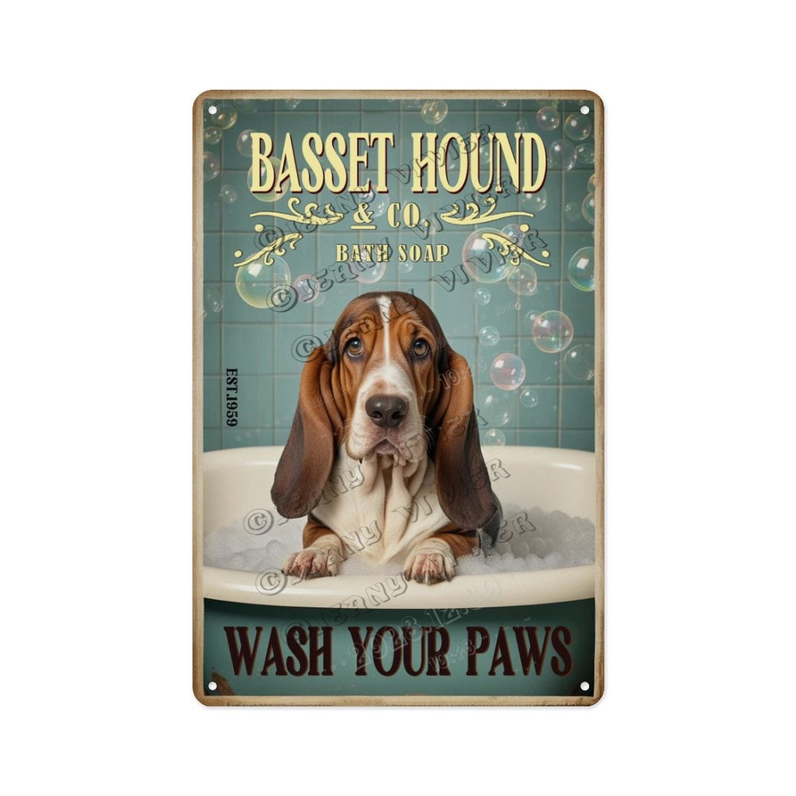 Basset Hound Wash Your Paws – Whimsical Metal Wall Decor for Pet Lovers, 5.5x8 Bathroom Sign ...