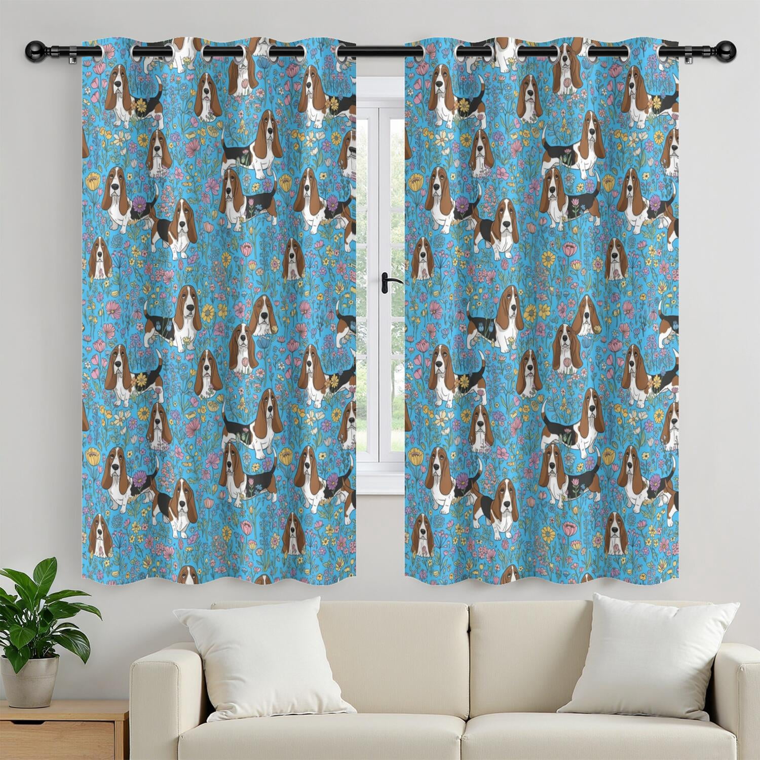 Basset Hound and Floral Blue Pattern Blackout Curtains,Triple Weaved ...