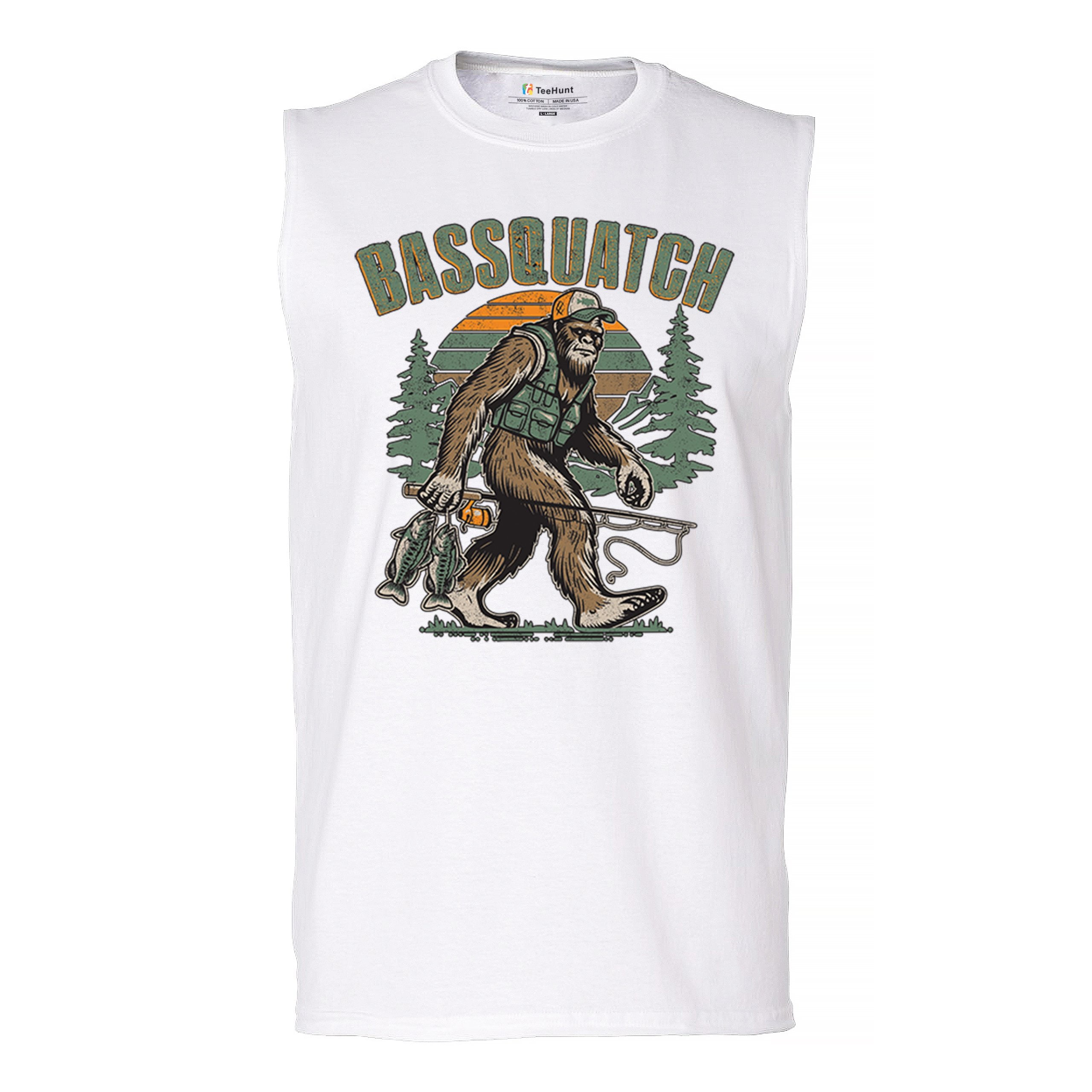 Bassquatch Bigfoot Fishing Muscle Shirt Funny Retro Sasquatch Monster ...