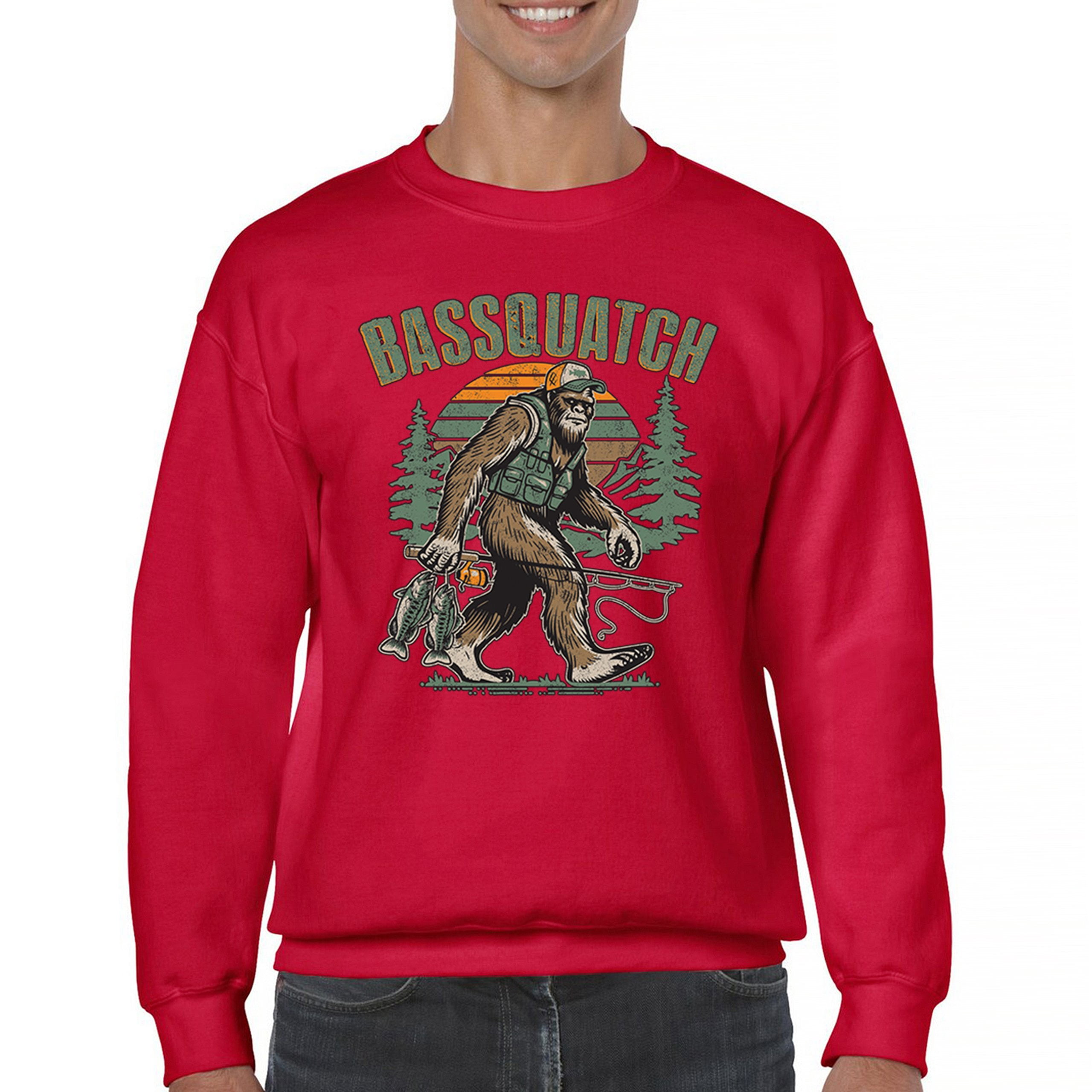 Bassquatch Bigfoot Fishing Sweatshirt Funny Retro Sasquatch Monster ...