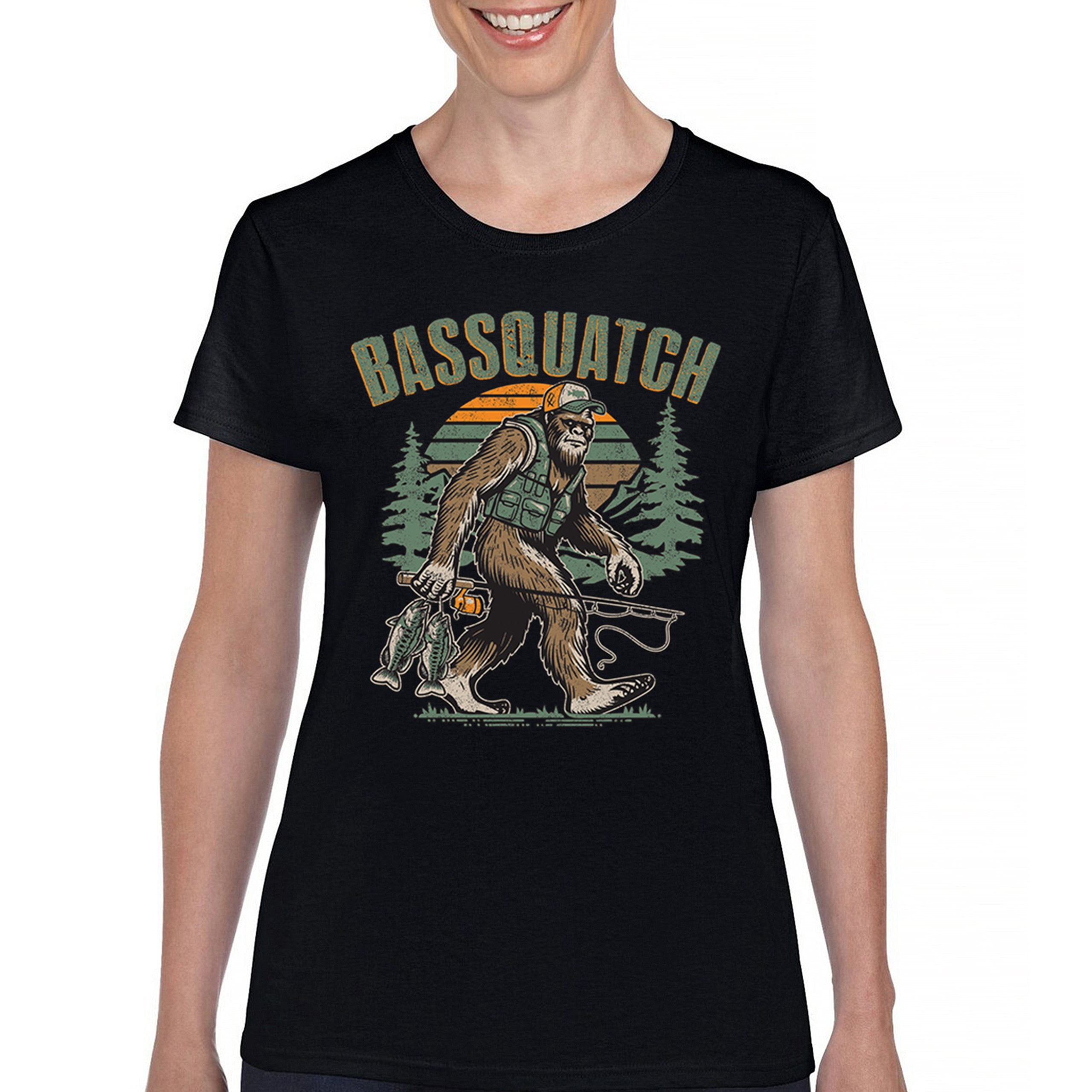 Bassquatch Bigfoot Fishing T-Shirt Funny Retro Sasquatch Monster Bass ...