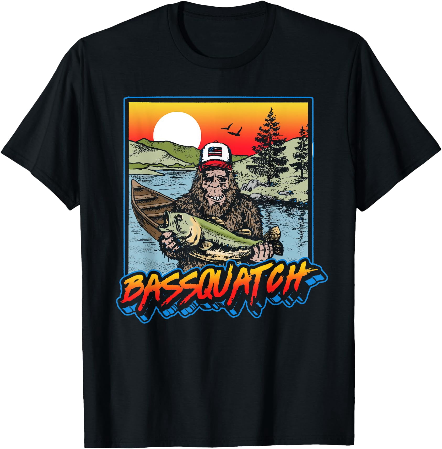Bassquatch! Funny Bass Fishing Sasquatch Retro 80s Fisherman T-Shirt ...