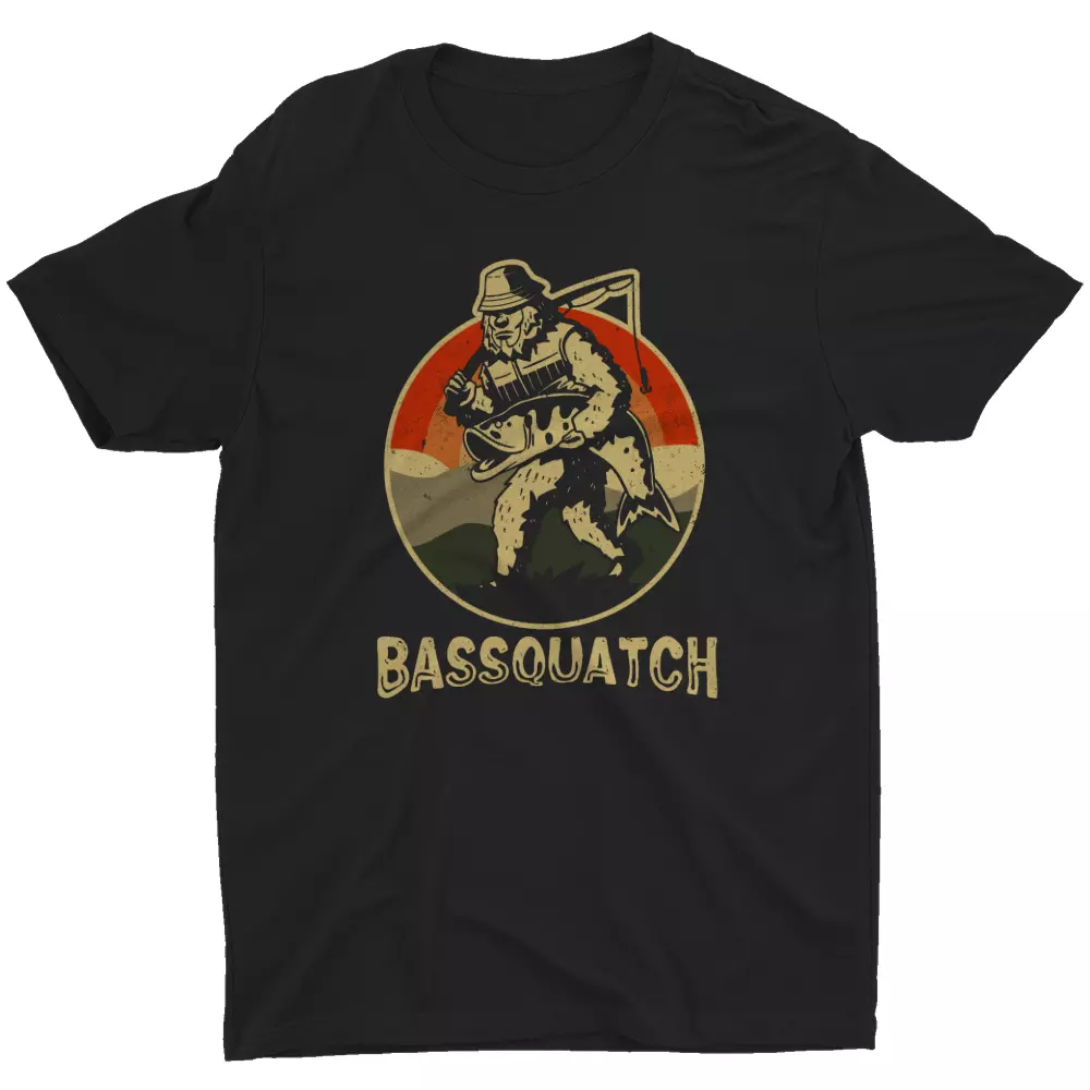 Bassquatch Funny Bigfoot Fishing Rod Bass Fish Retro Men T-Shirt ...