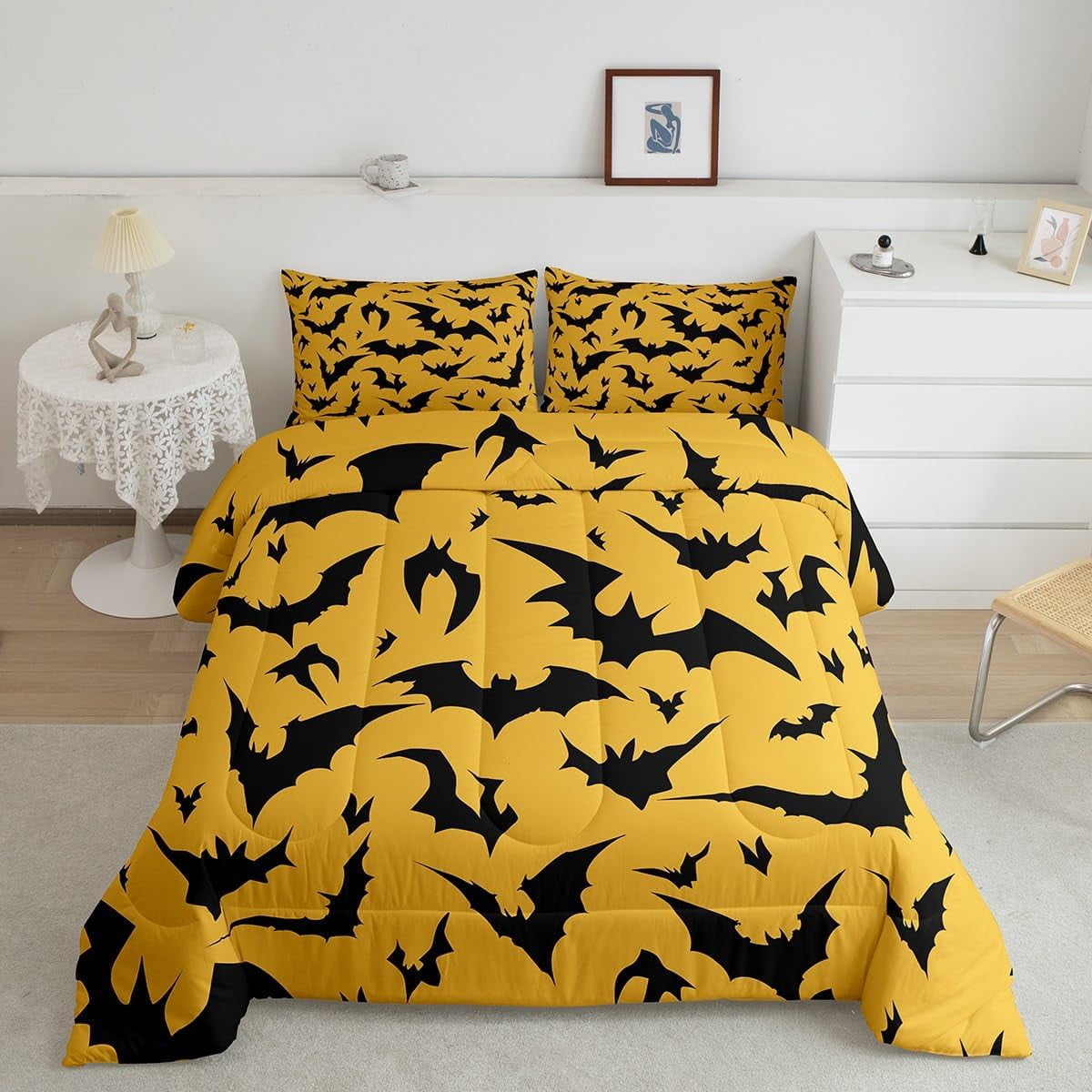 Bat Bats Pattern Comforter Set Black Purple Bat Bedding Set for Adults ...