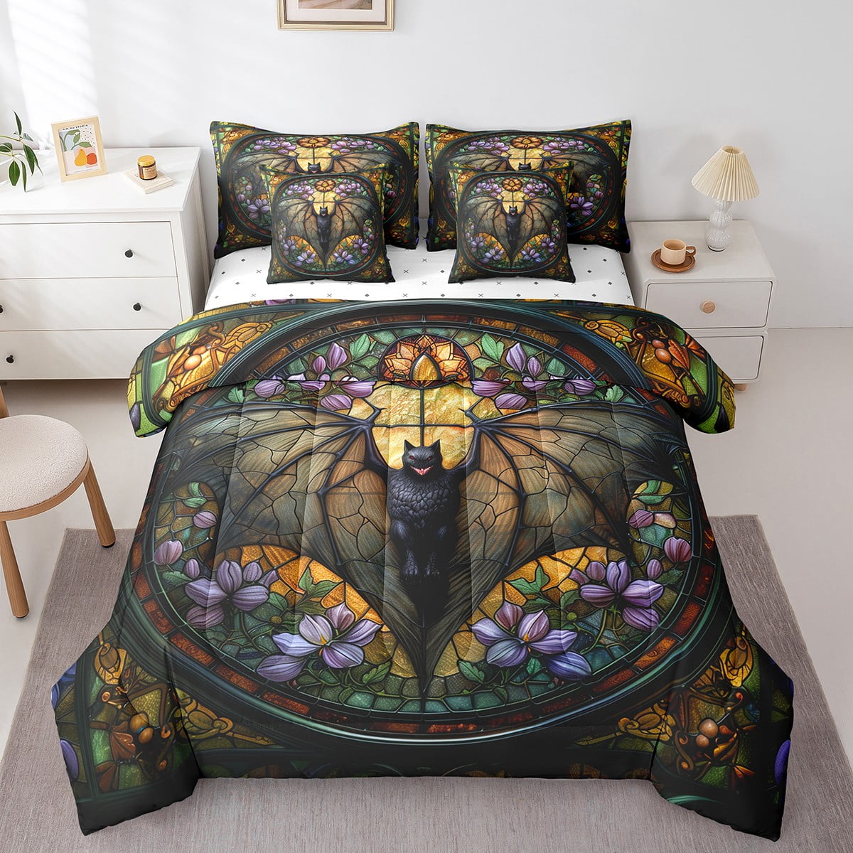 Bat Bed In A Bag Queen Gothic Halloween Comforter Set,Exotic Flowers ...