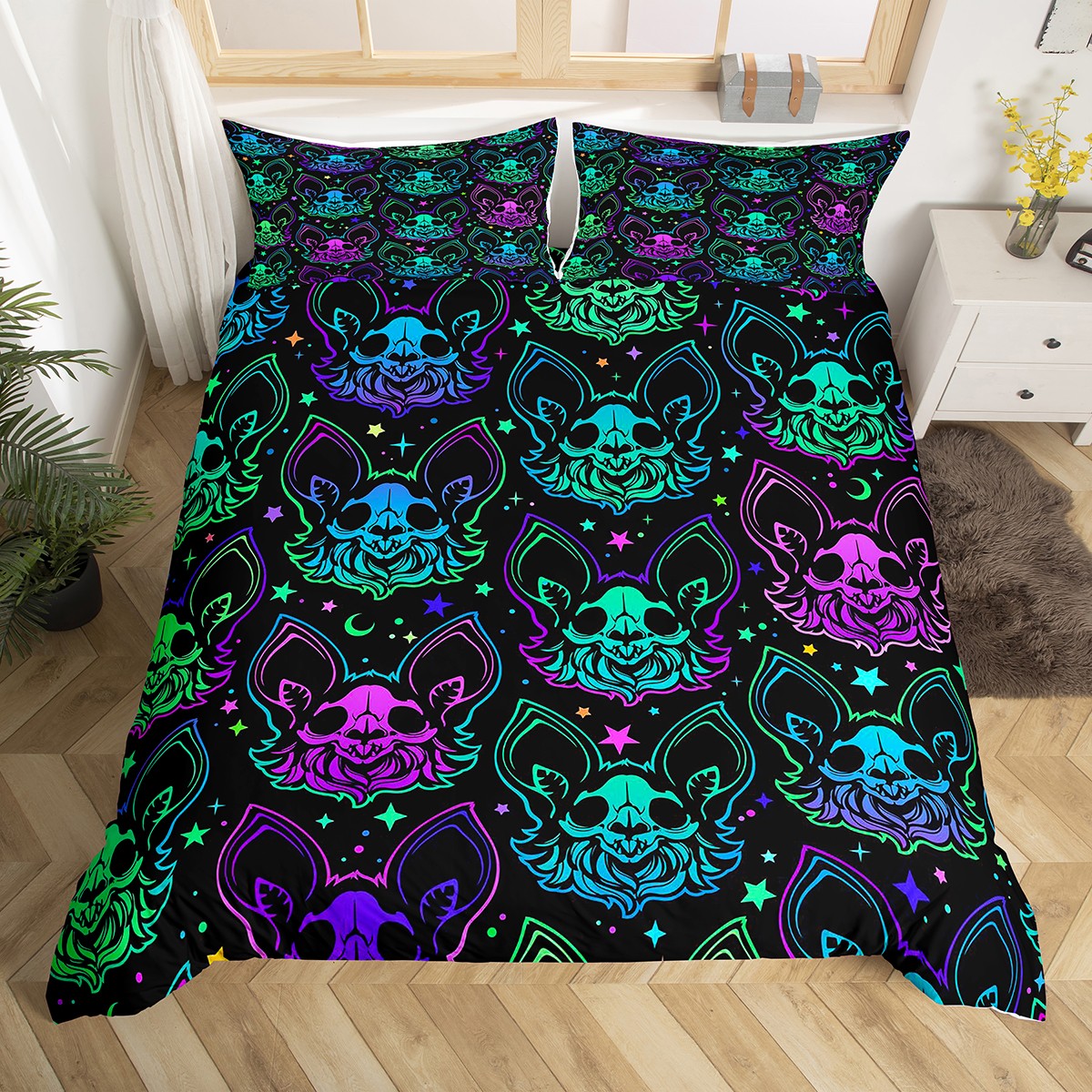 Bat Bedding Set Galaxy Comforter Cover Glitter Stars Duvet Cover King ...