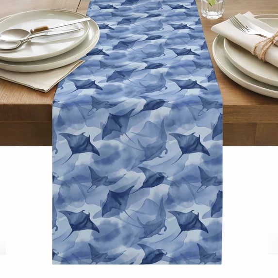 Bat Fish Cotton Linen Table Runner Abstract Watercolor Gradient Blue ...