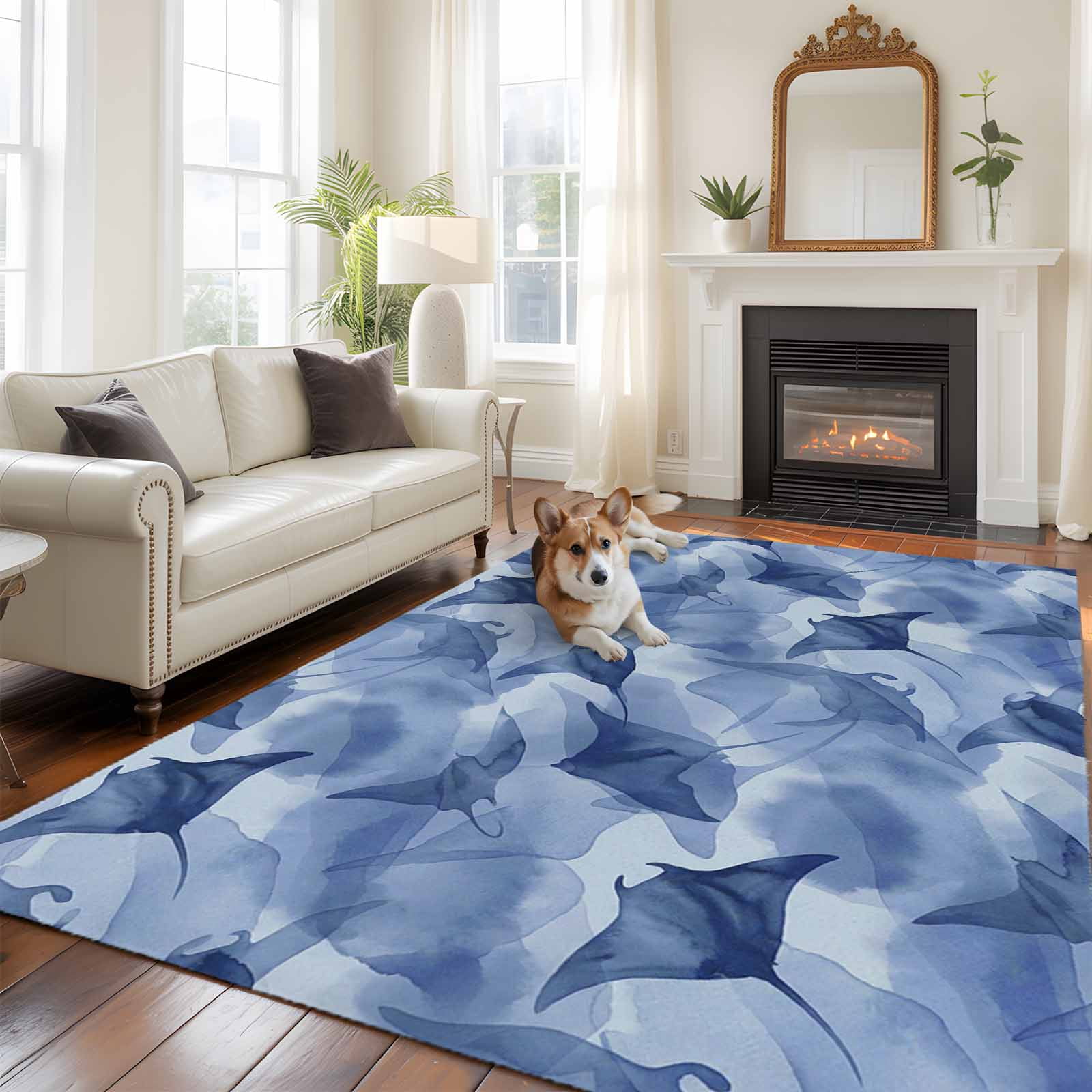 Bat Fish Large Area Rugs 6x9 ft Abstract Watercolor Gradient Blue Ocean ...