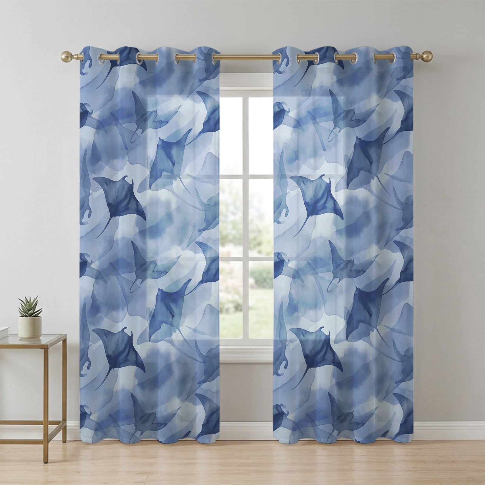 Bat Fish Sheer Curtains 84 Inch Long 2 Panels, Abstract Watercolor ...