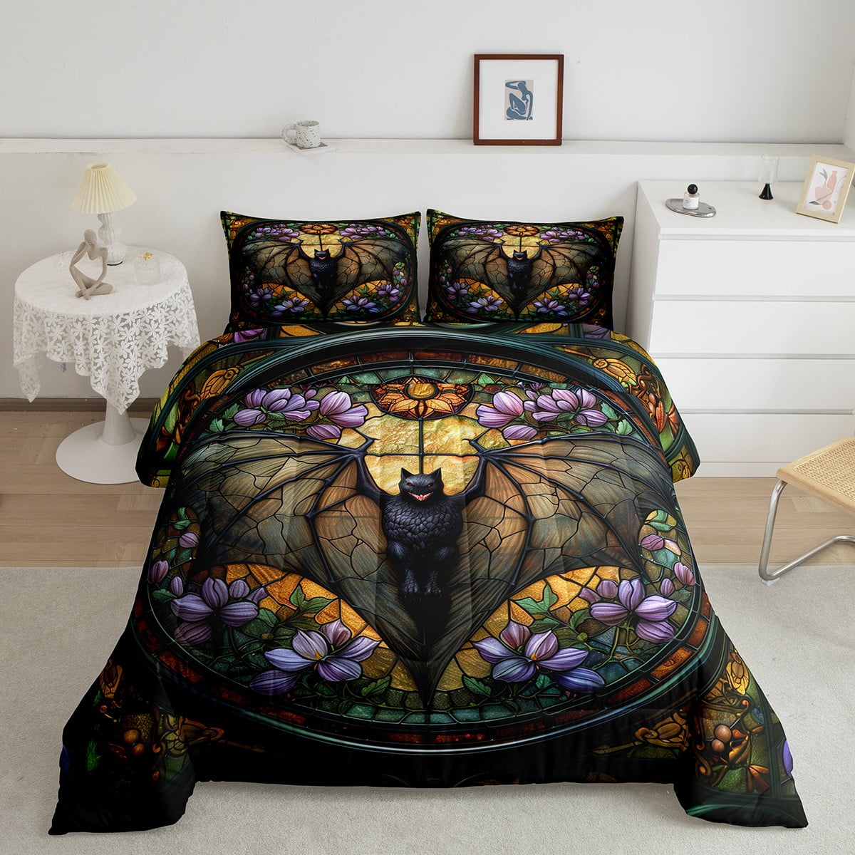 Bat Full Comforter Set Gothic Halloween Bedding Set,Exotic Flowers Down ...