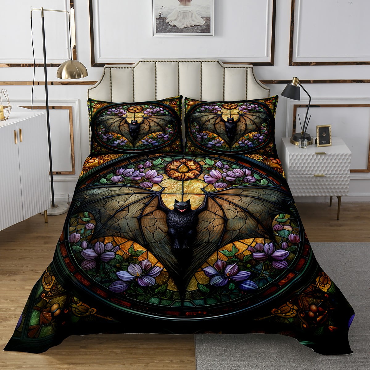 Bat King Quilt Set Gothic Halloween Coverlet Set,Exotic Flowers ...