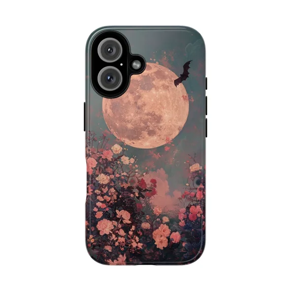 Bat Moon Pink Floral Design iPhone Case 17 16 15 14 13 12 11 Pro Max ...