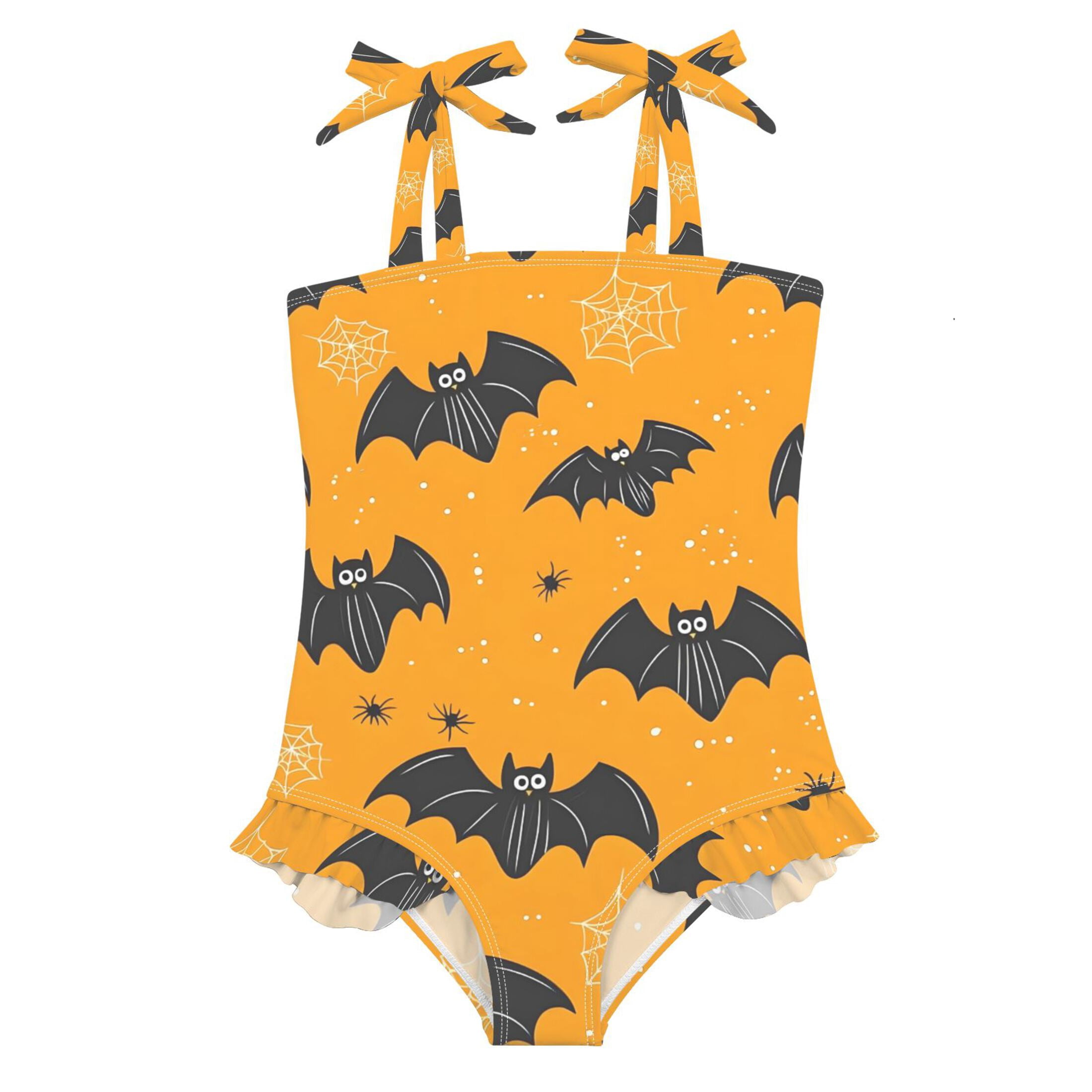 Bat Pattern Girls' One-Piece Swimsuit Bowknot Tie Shoulder Ruffled ...