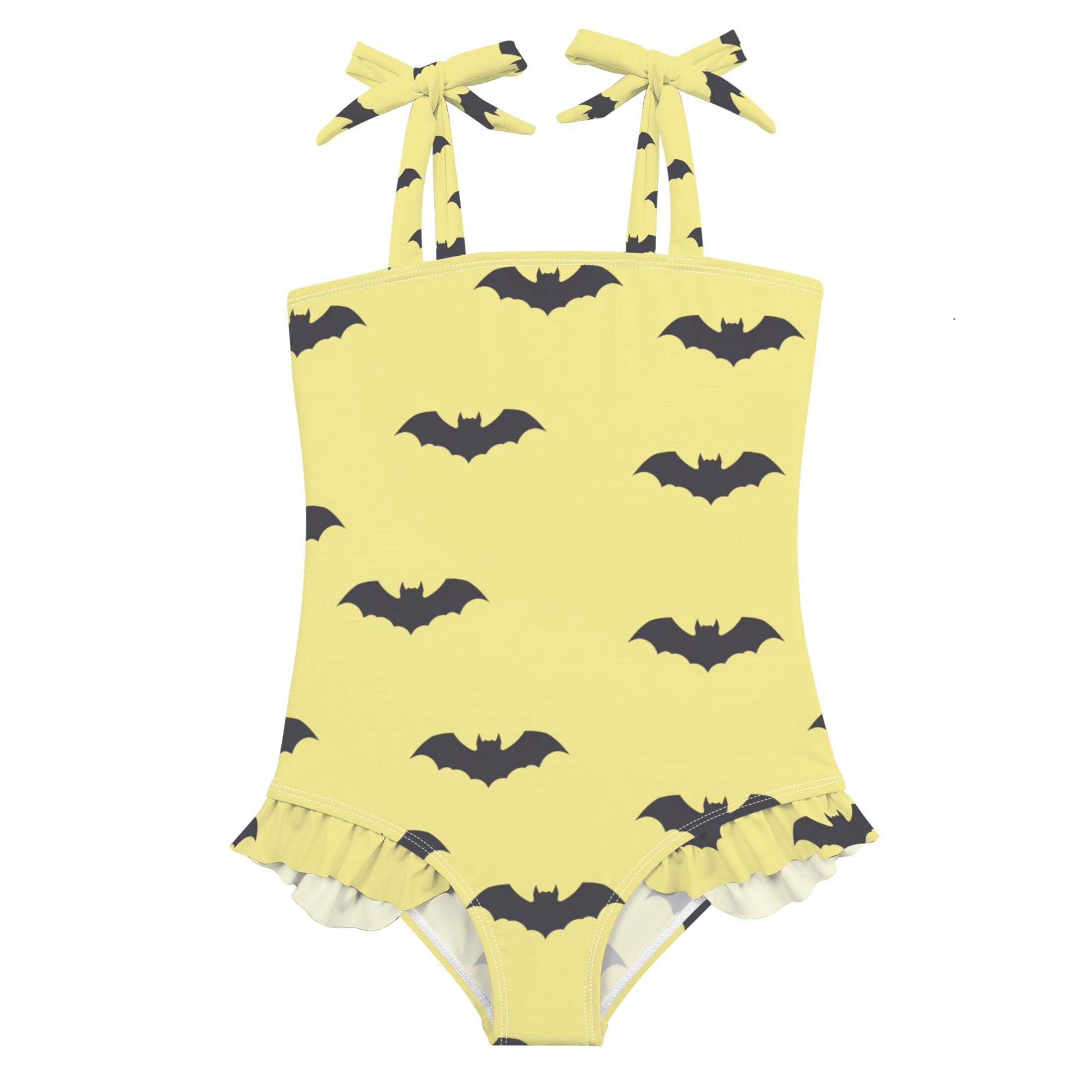 Bat Pattern Yellow Girls' One-Piece Swimsuit Bowknot Tie Shoulder ...