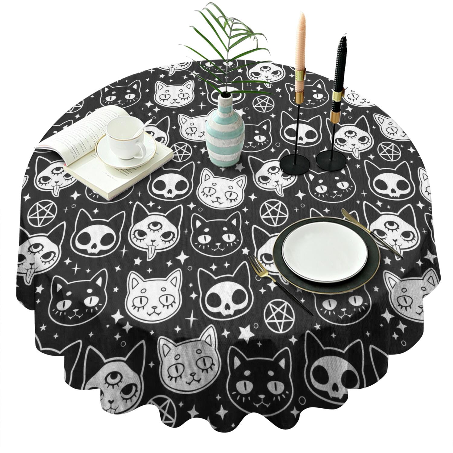 Bat Silhouette Halloween Pattern Round Tablecloth 60"x60",Wrinkle ...