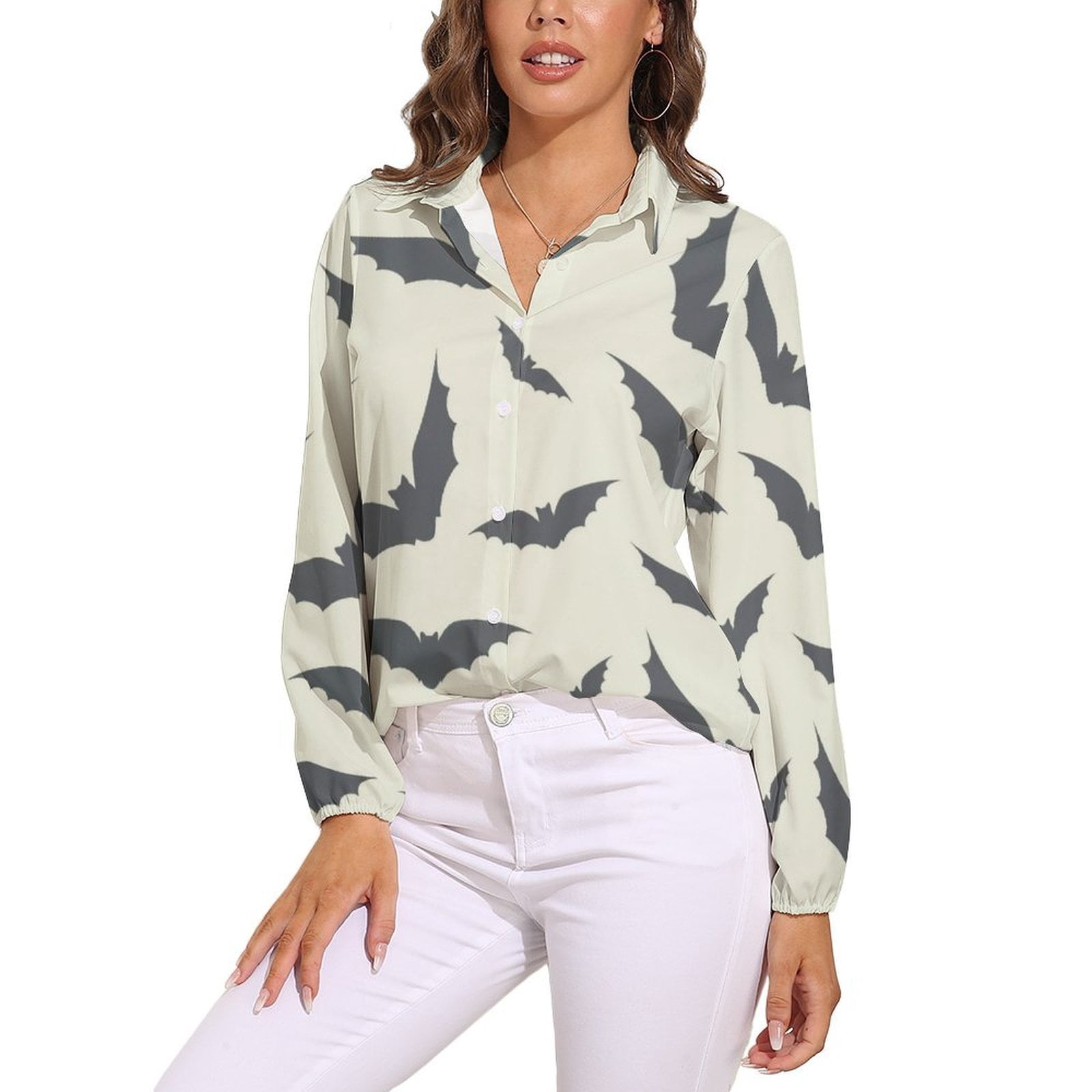 Bat Silhouette Pattern Vntage Casual Long Sleeve Shirt Blouse Woman ...