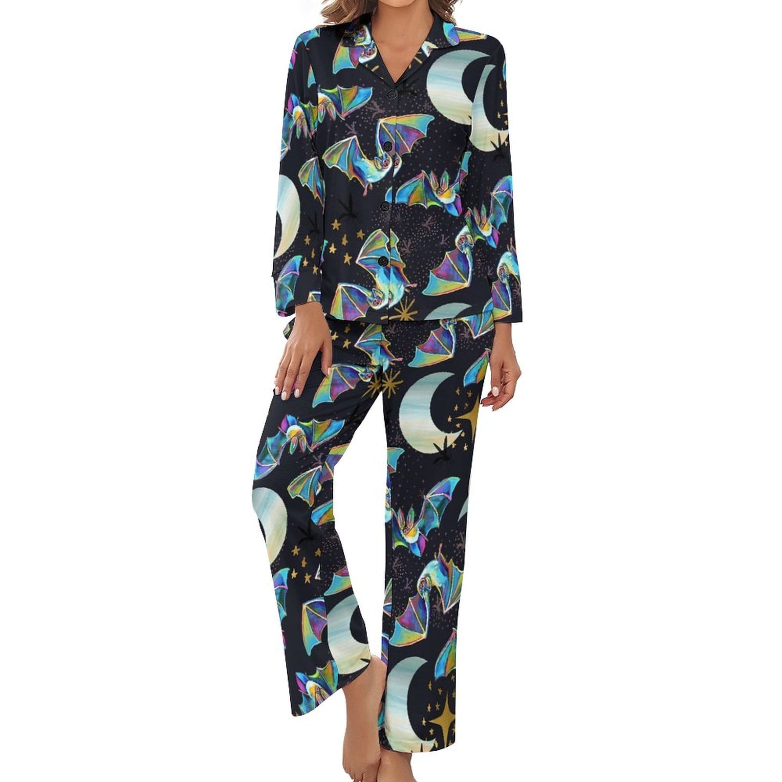 Bat Sketches Pajamas Halloween Print Leisure V Neck Sleepwear Women 2 ...
